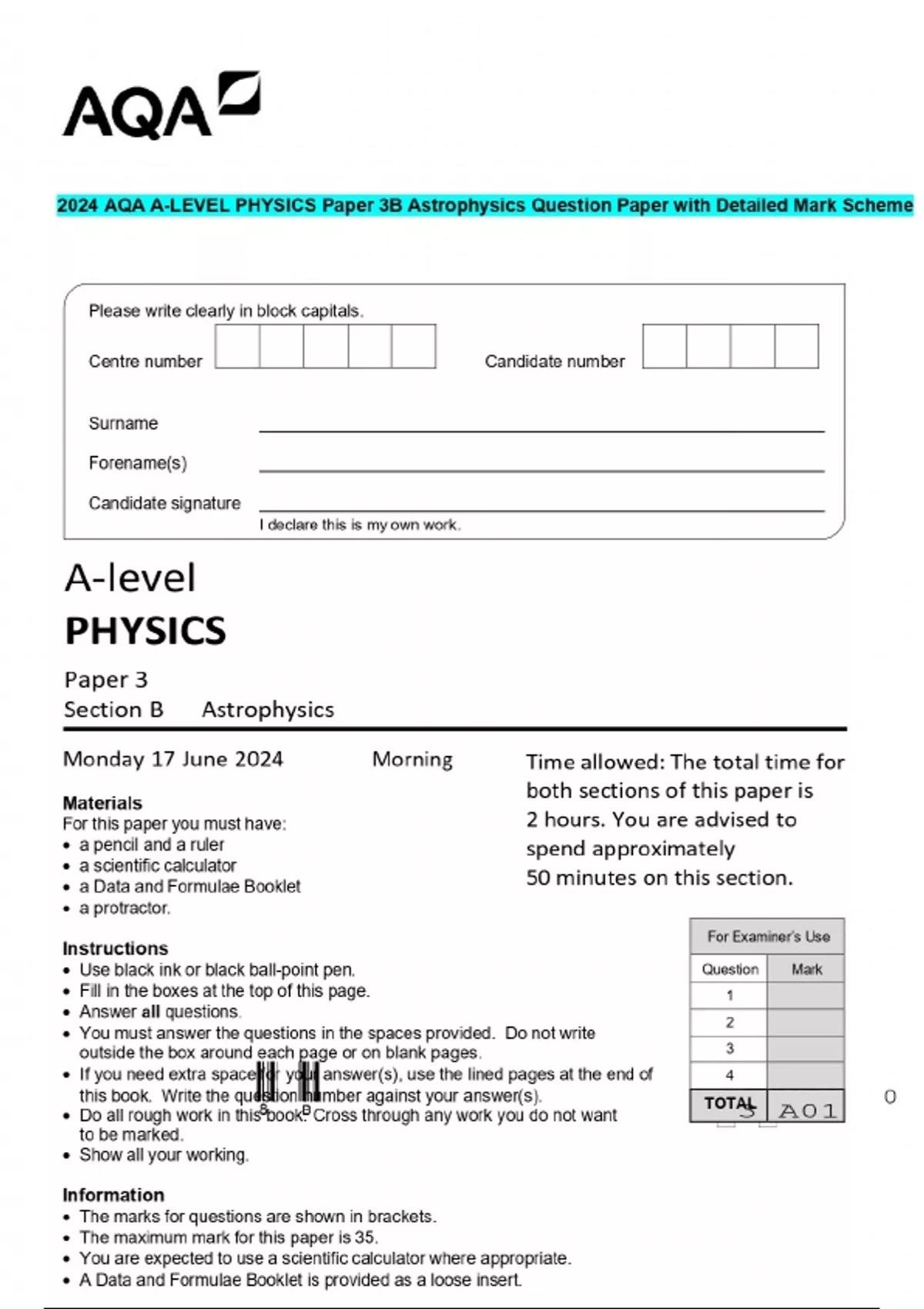 2024 AQA A-LEVEL PHYSICS Paper 3B Astrophysics Question Paper with Detailed Mark Scheme - Aqa as ...