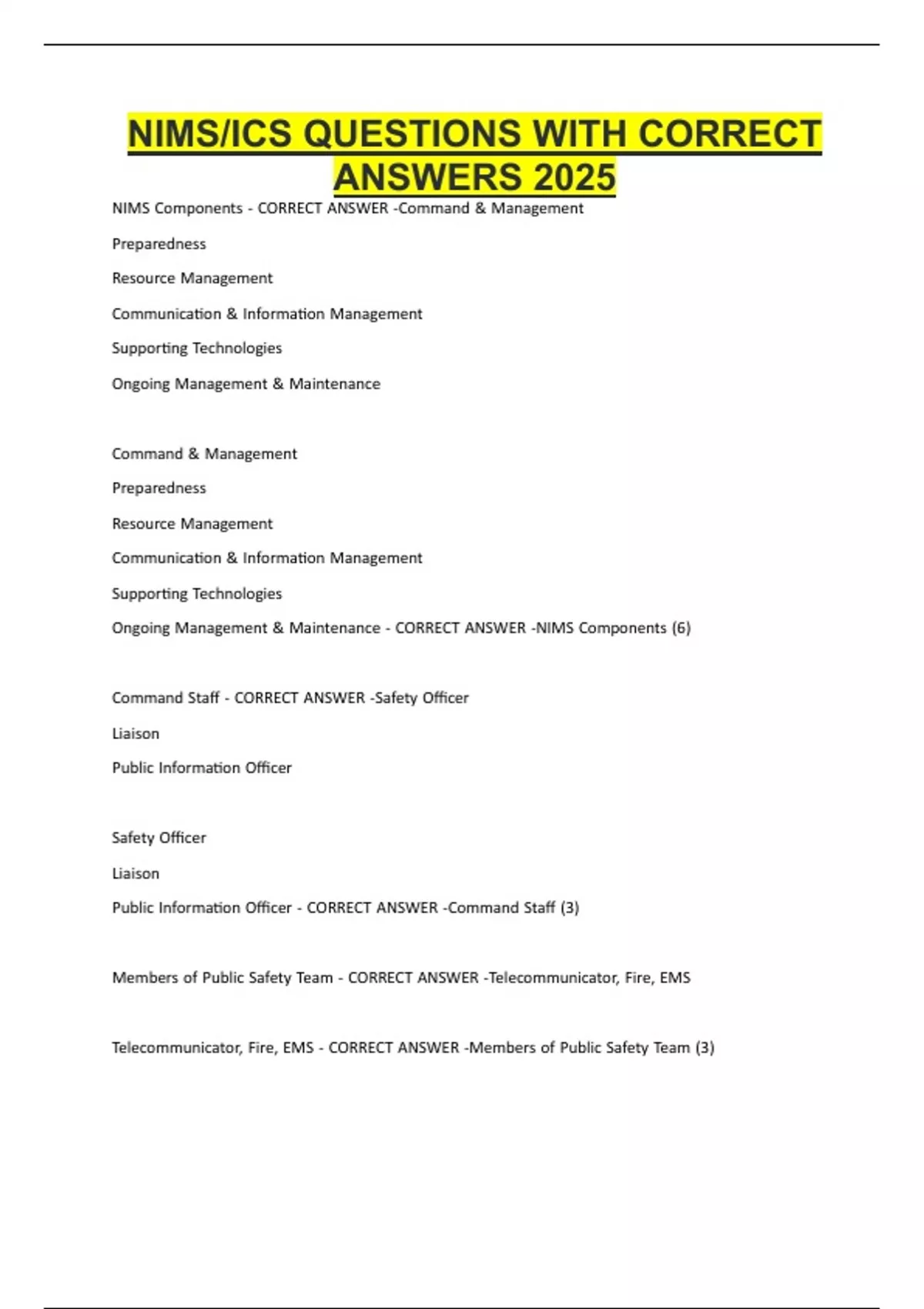 NIMS-ICS QUESTIONS WITH CORRECT ANSWERS 2025 - Nims ics - Stuvia US