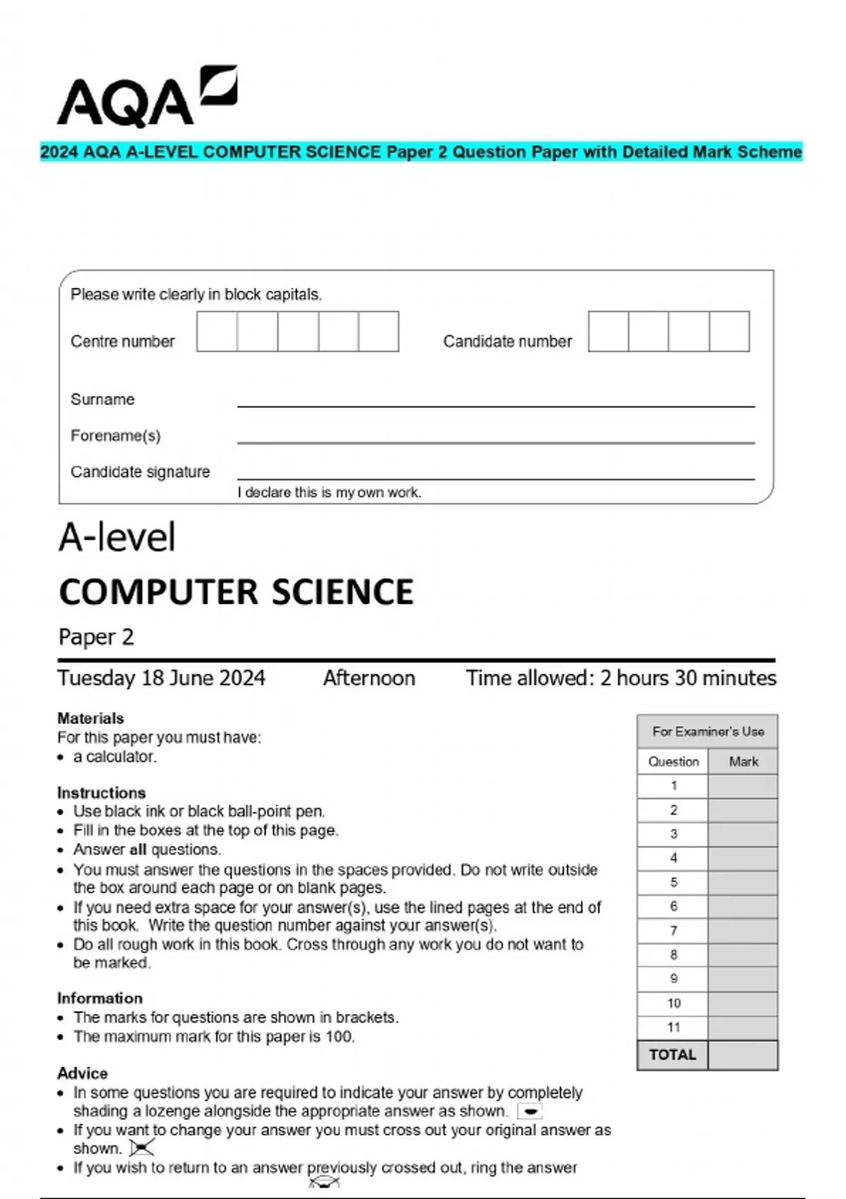 2024 AQA A-LEVEL COMPUTER SCIENCE Paper 2 Question Paper with Detailed ...