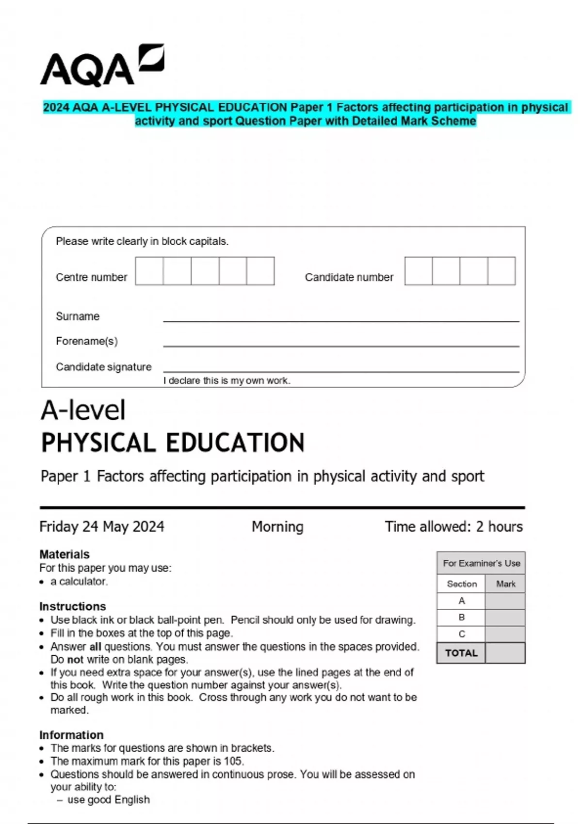 2024 AQA A-LEVEL PHYSICAL EDUCATION Paper 1 Factors affecting ...