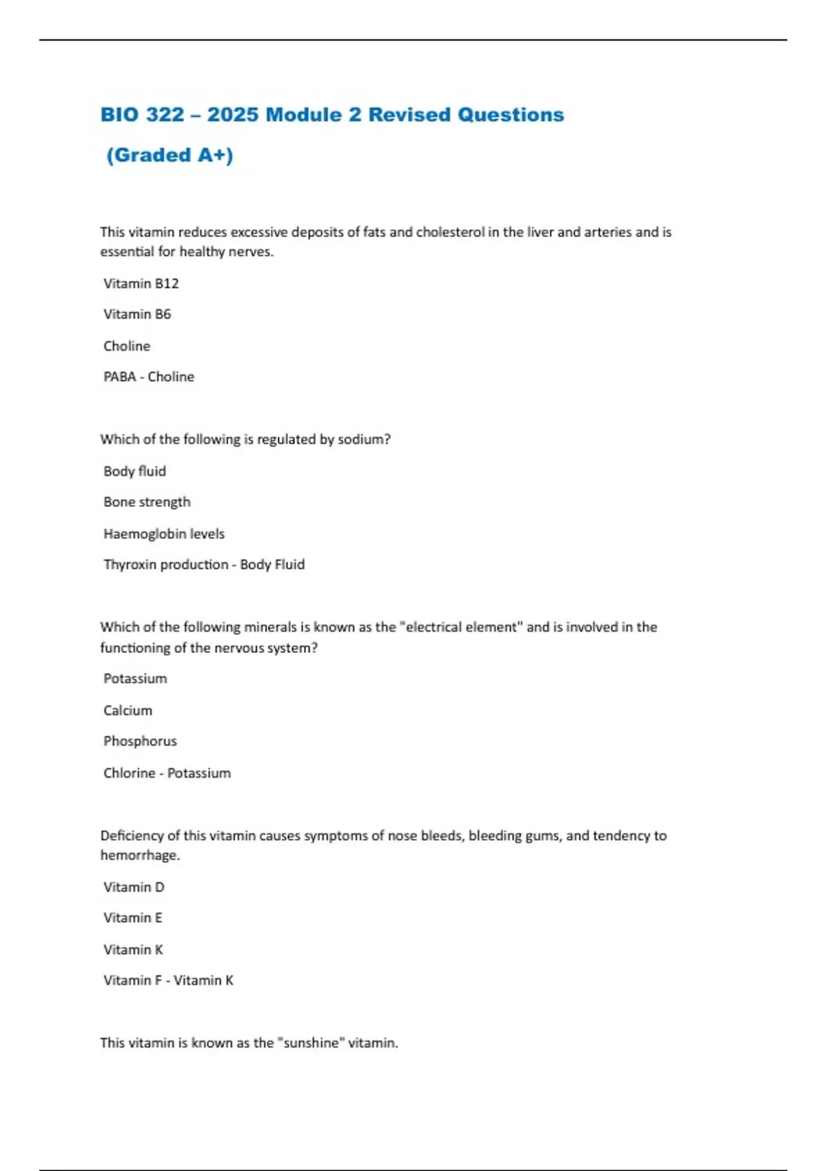 BIO 322 – 2025 Module 2 Revised Questions (Graded A+) - BIO 322 - Stuvia US