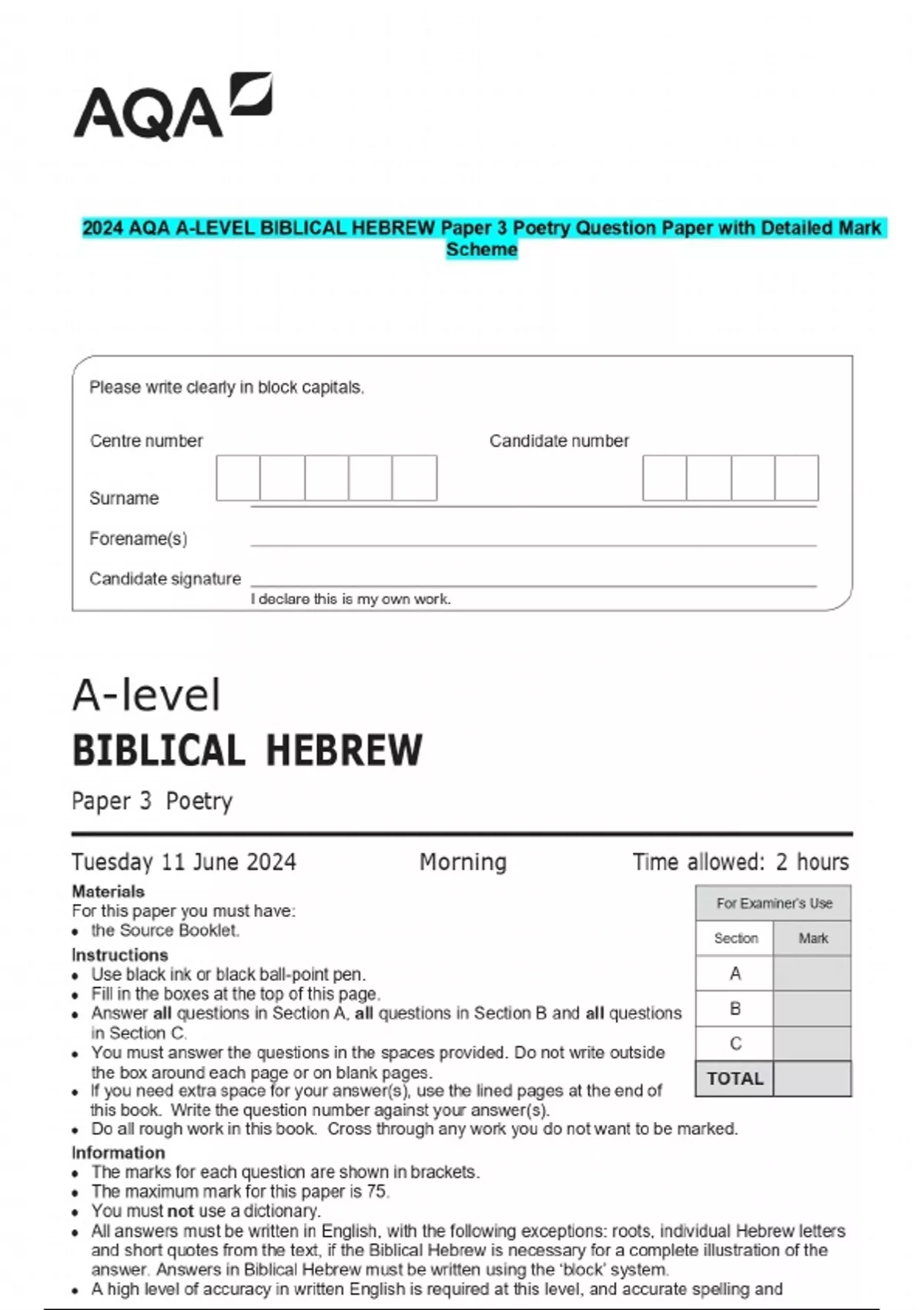 2024 AQA A-LEVEL BIBLICAL HEBREW Paper 3 Poetry Question Paper with ...
