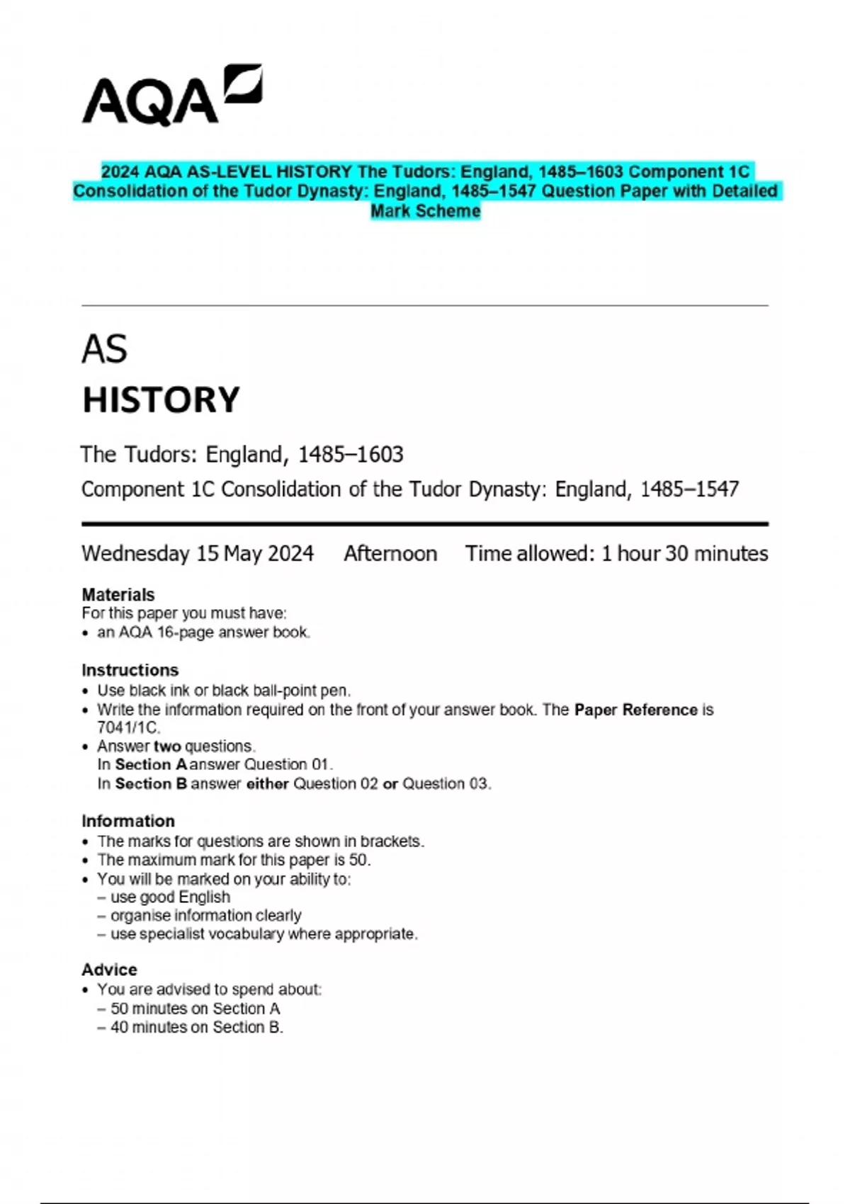 2024 AQA AS-LEVEL HISTORY The Tudors: England, 1485–1603 Component 1C ...