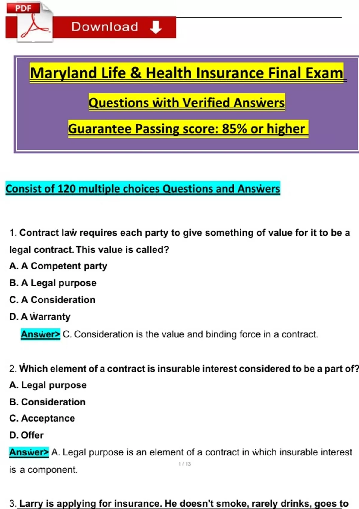 Maryland State Life and Health Insurance License Final Exam Actual ...