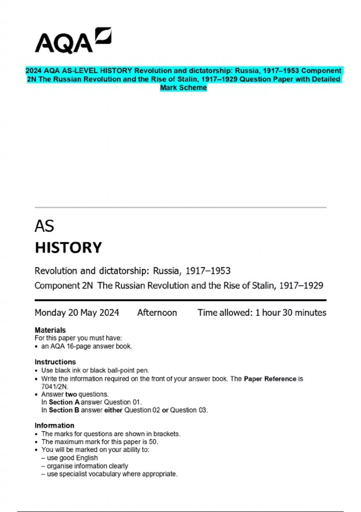 2024 AQA AS-LEVEL HISTORY Revolution and dictatorship: Russia, 1917–1953 Component 2N The ...
