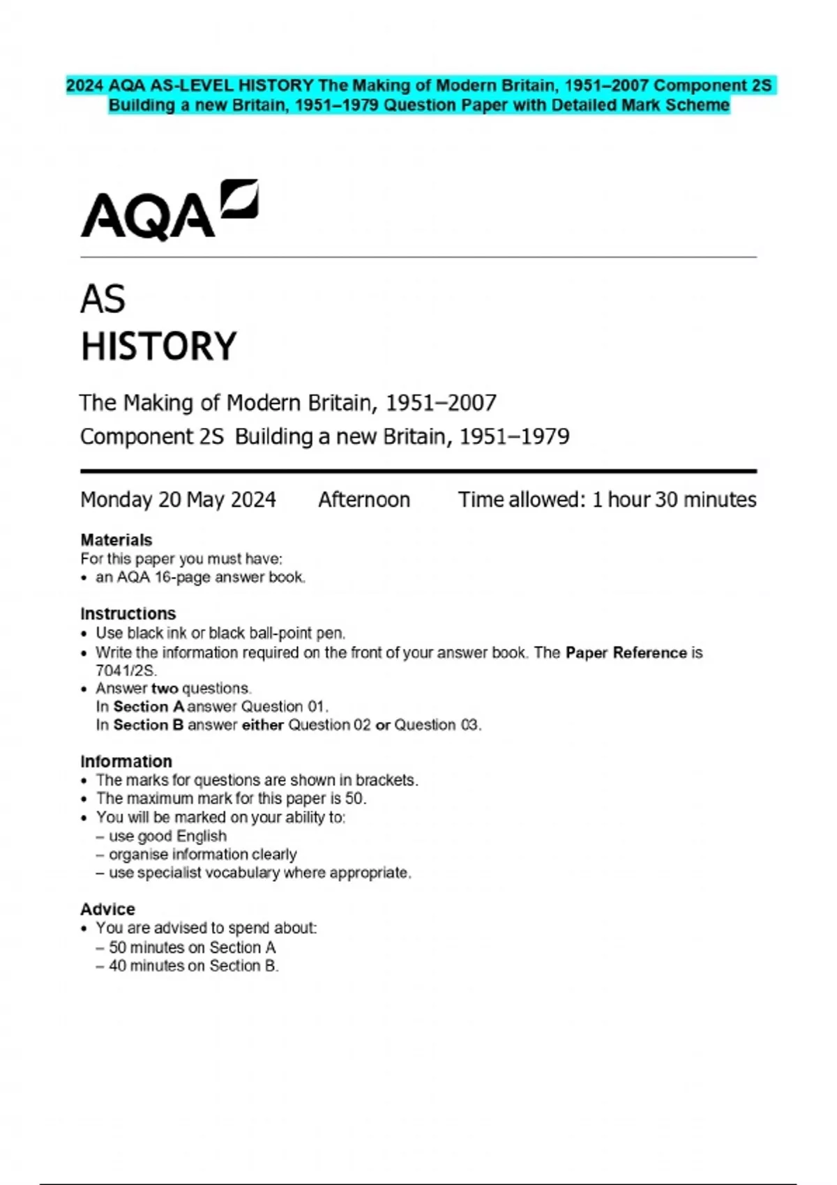 2024 AQA AS-LEVEL HISTORY The Making of Modern Britain, 1951–2007 ...