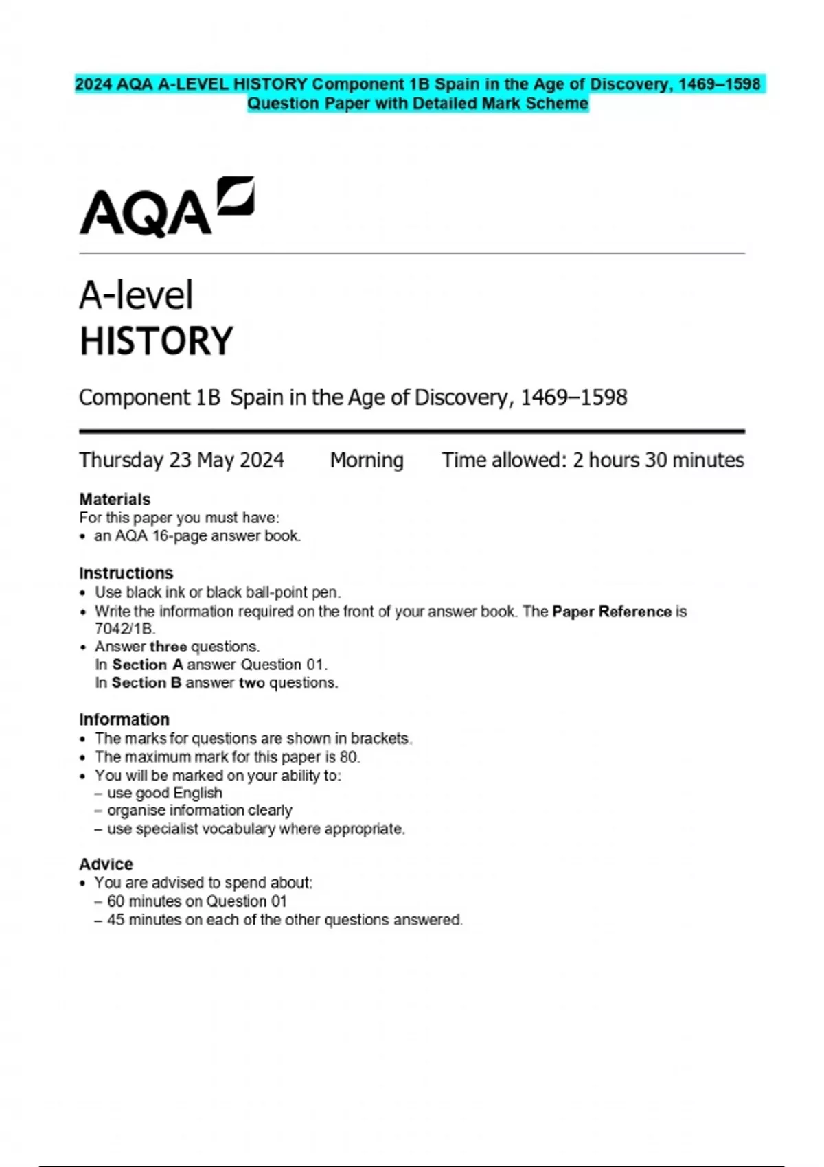 2024 AQA A-LEVEL HISTORY Component 1B Spain in the Age of Discovery ...