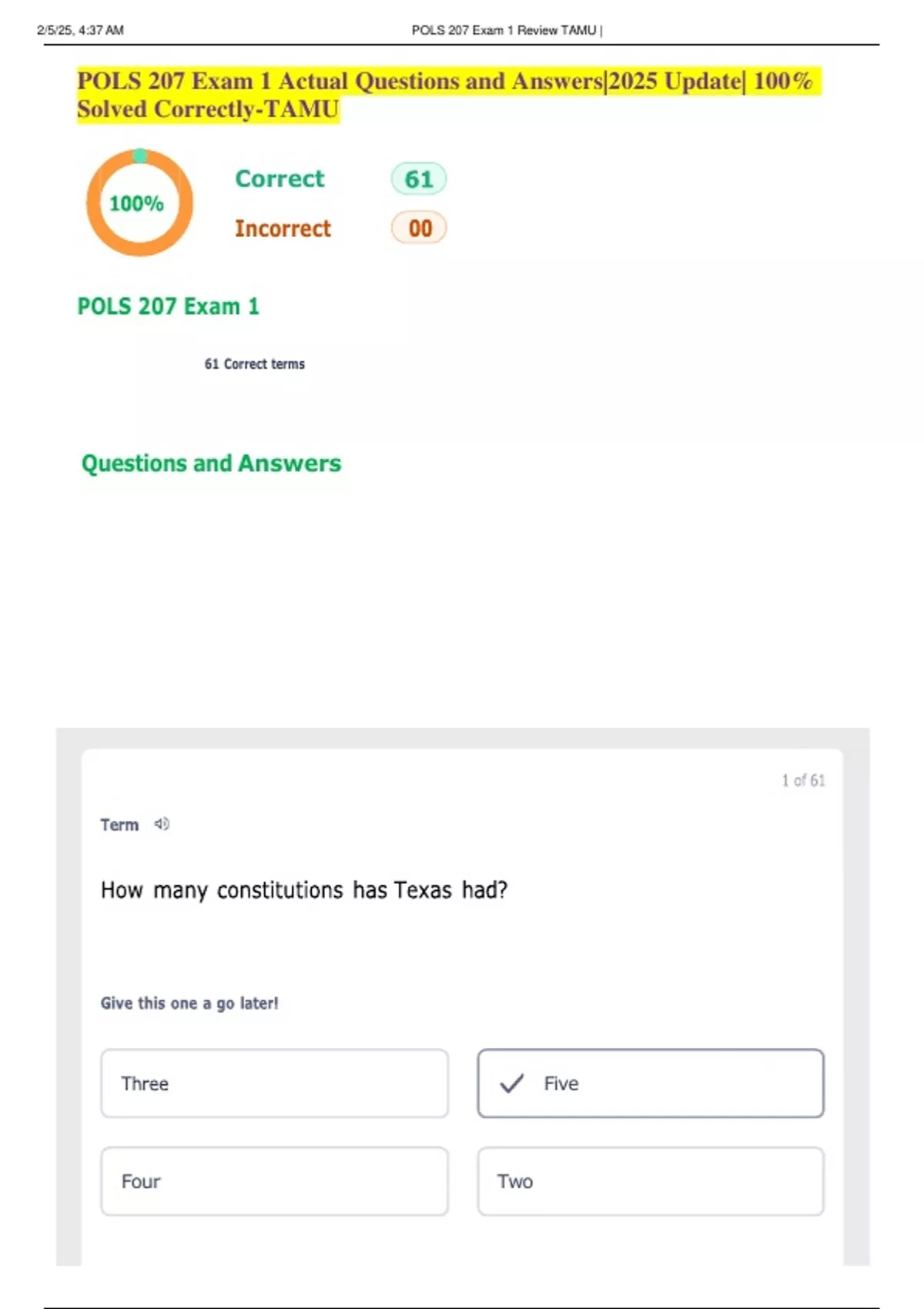 POLS 207 Exam 1 Actual Questions and Answers|2025 Update| 100% Solved ...