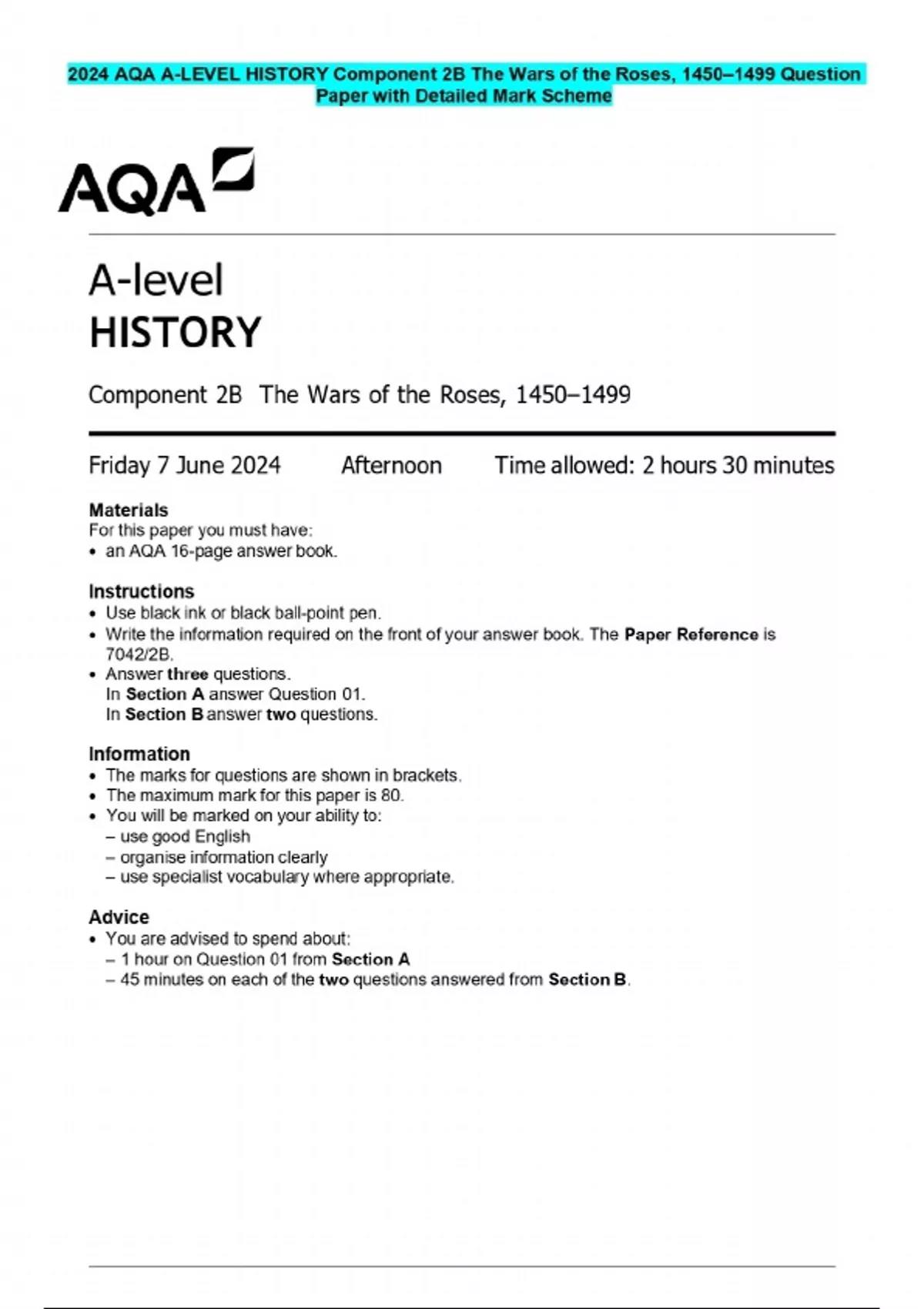 2024 AQA A-LEVEL HISTORY Component 2B The Wars of the Roses, 1450–1499 ...