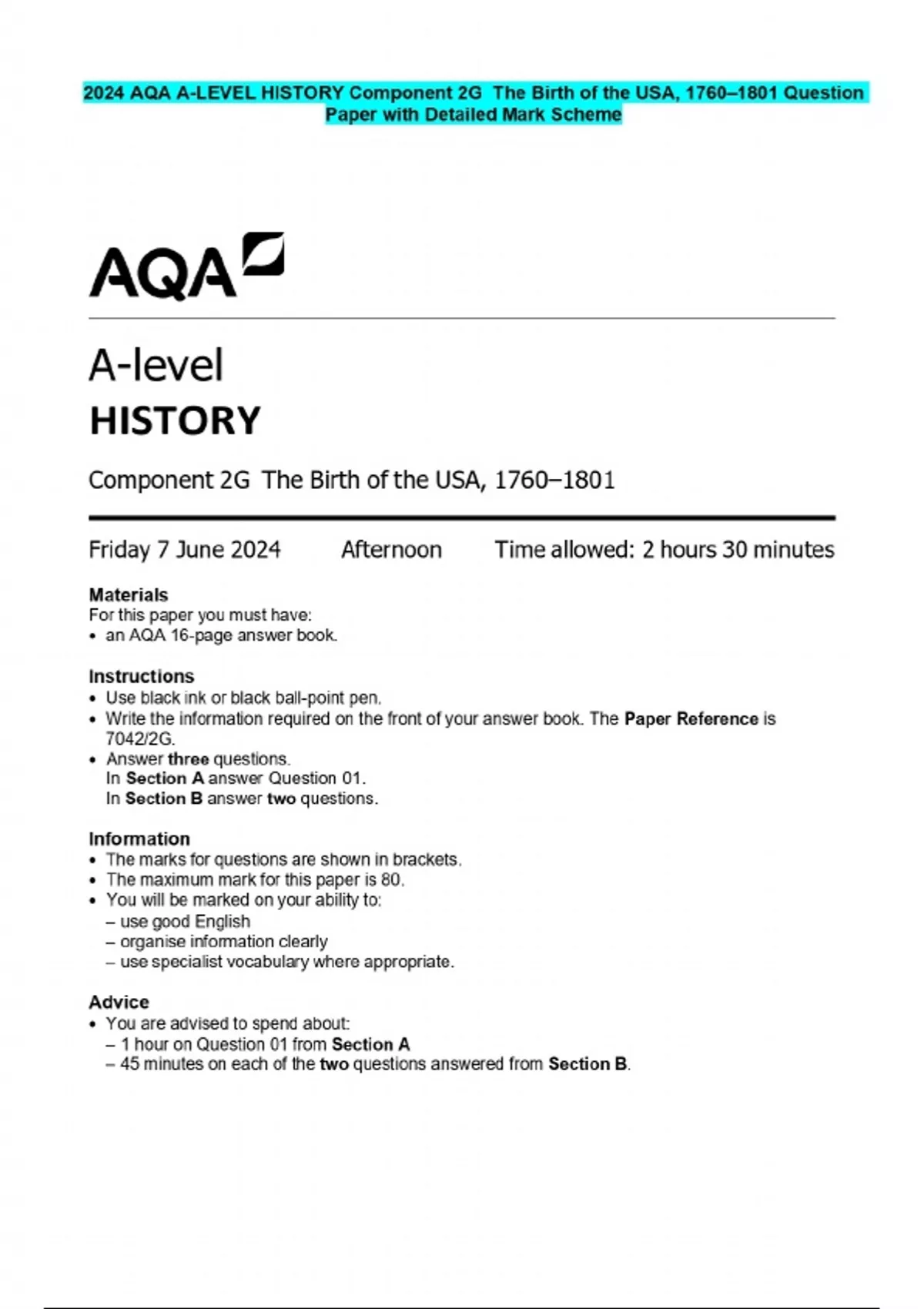 2024 AQA A-LEVEL HISTORY Component 2G The Birth of the USA, 1760–1801 ...