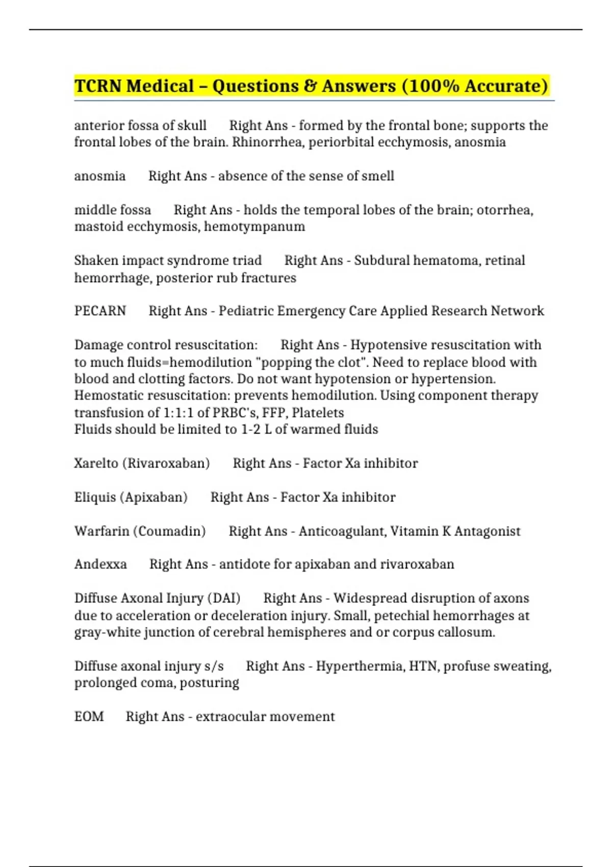 TCRN Medical – Questions & Answers (100% Accurate) - TCRN - Stuvia US