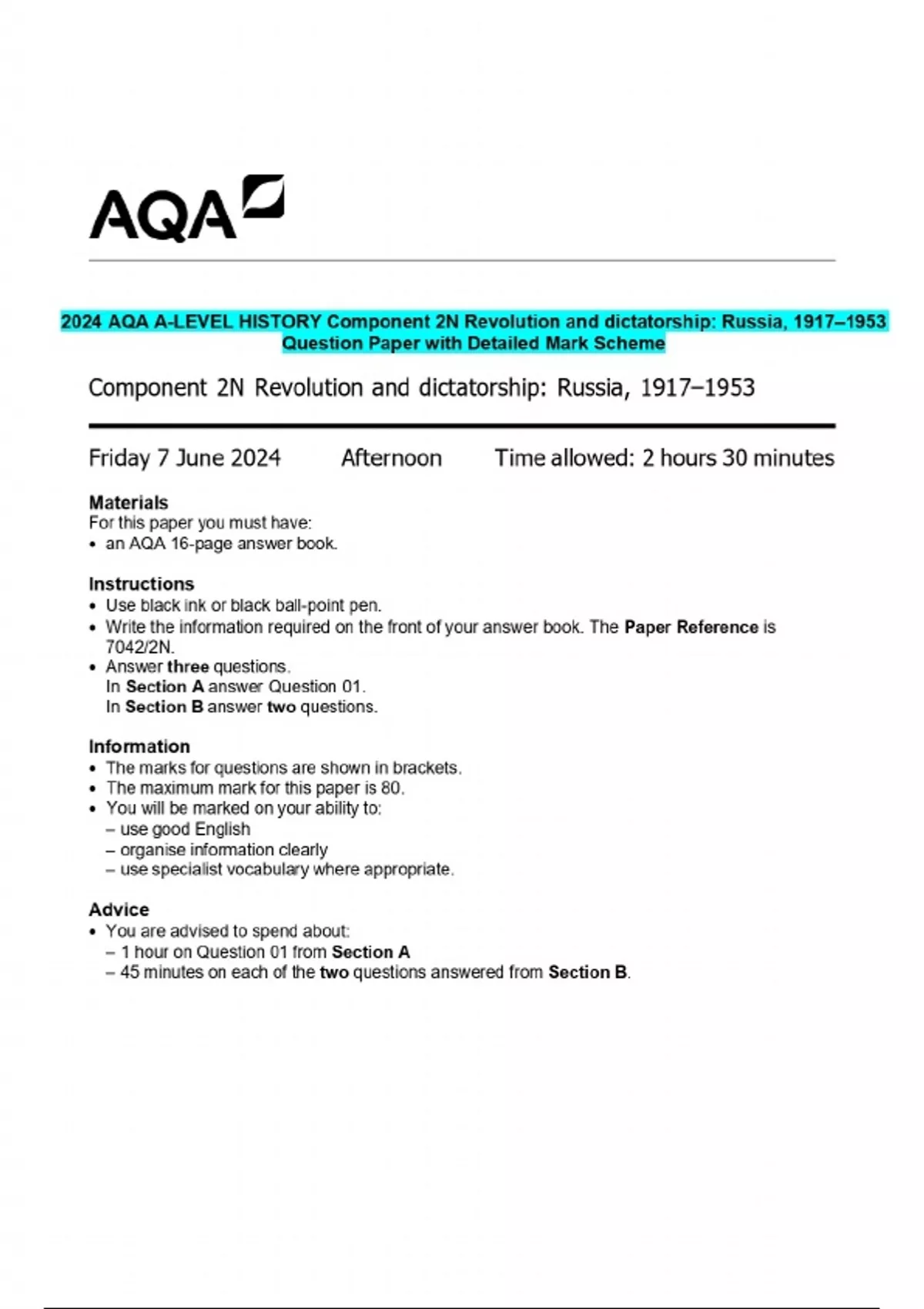 2024 AQA A-LEVEL HISTORY Component 2N Revolution and dictatorship ...