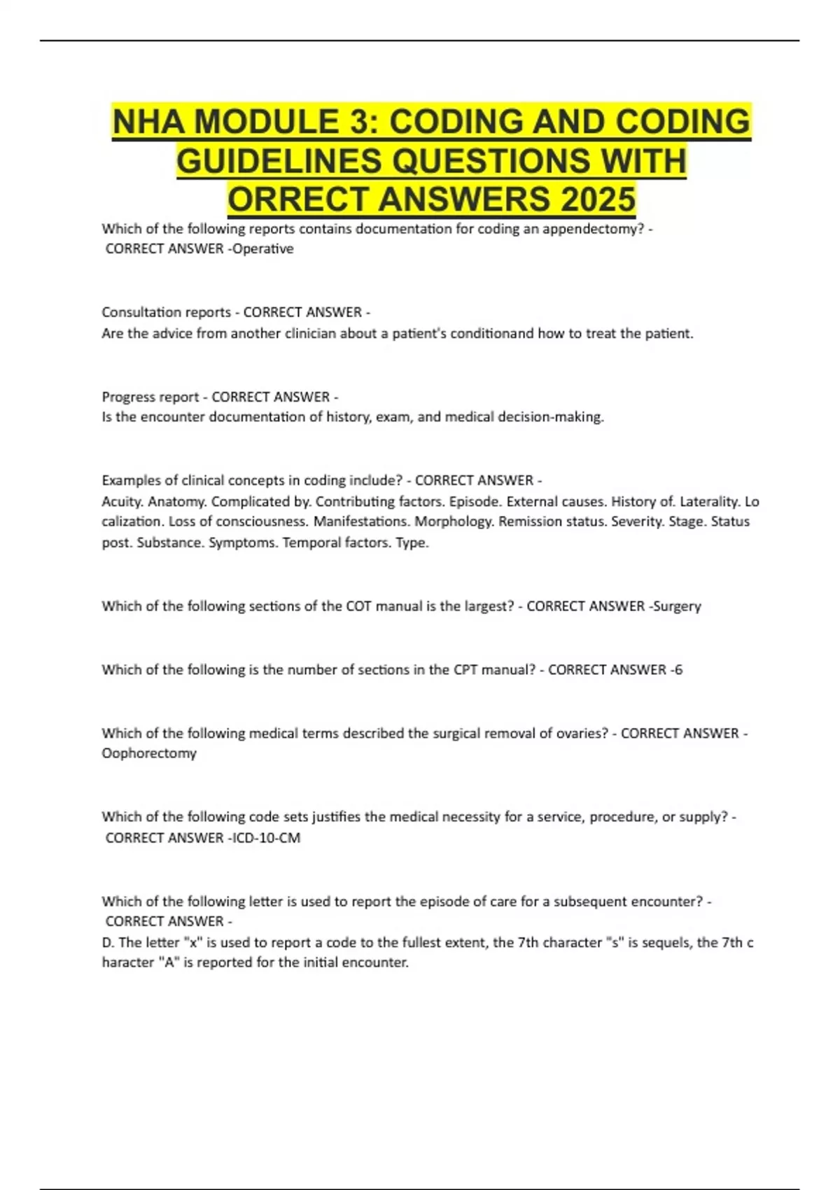 NHA MODULE 3 CODING AND CODING GUIDELINES QUESTIONS WITH ORRECT ANSWERS ...