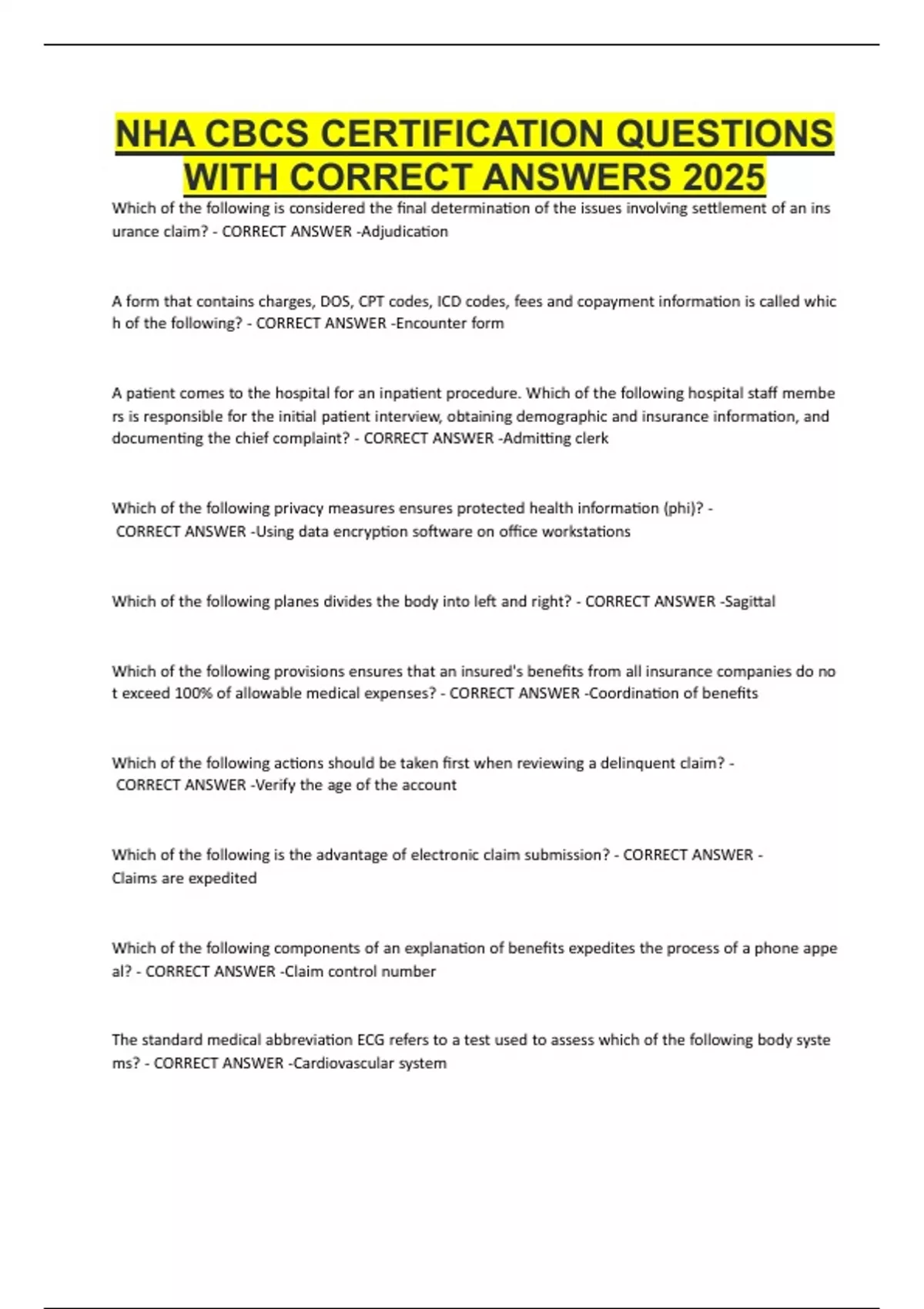 NHA CBCS CERTIFICATION QUESTIONS WITH CORRECT ANSWERS 2025 - NHA ...