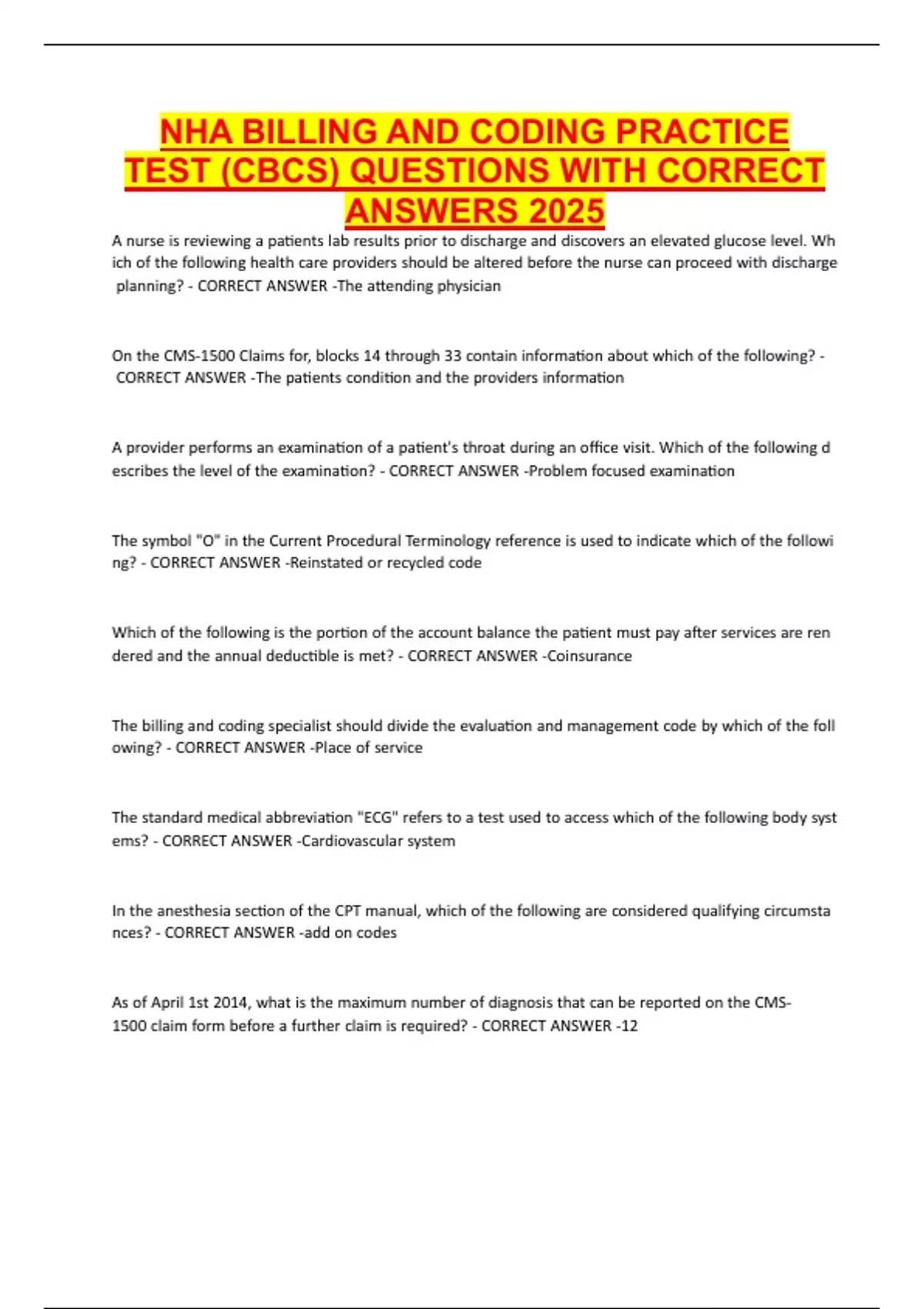 NHA BILLING AND CODING PRACTICE TEST (CBCS) QUESTIONS WITH CORRECT ...