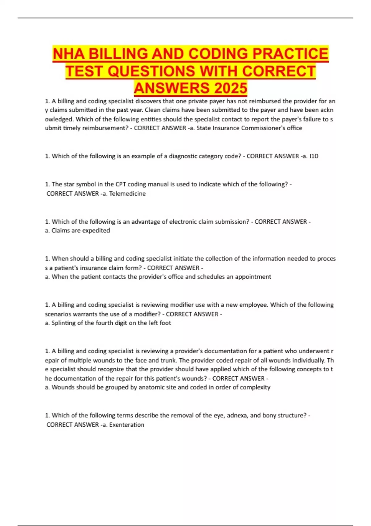 NHA BILLING AND CODING PRACTICE TEST QUESTIONS WITH CORRECT ANSWERS ...