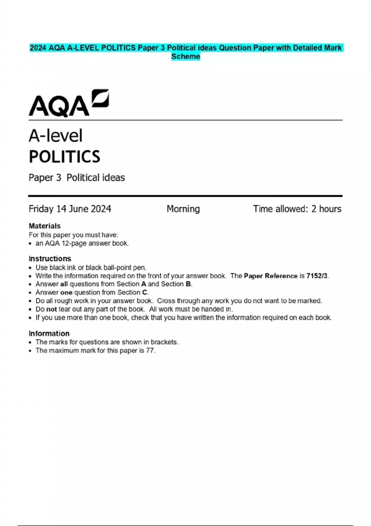 2024 AQA A-LEVEL POLITICS Paper 3 Political ideas Question Paper with ...