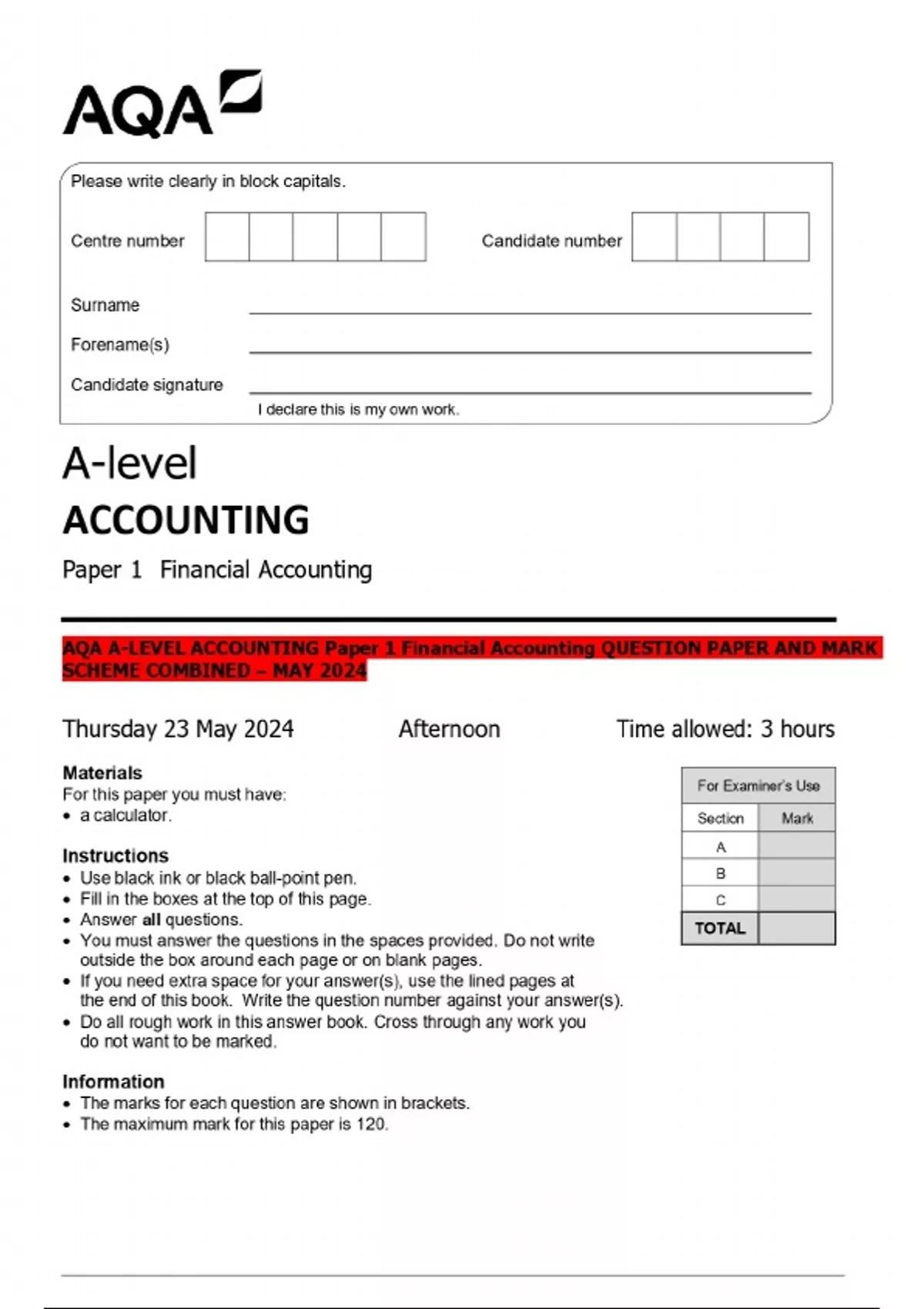 AQA A-LEVEL ACCOUNTING Paper 1 Financial Accounting QUESTION PAPER AND ...