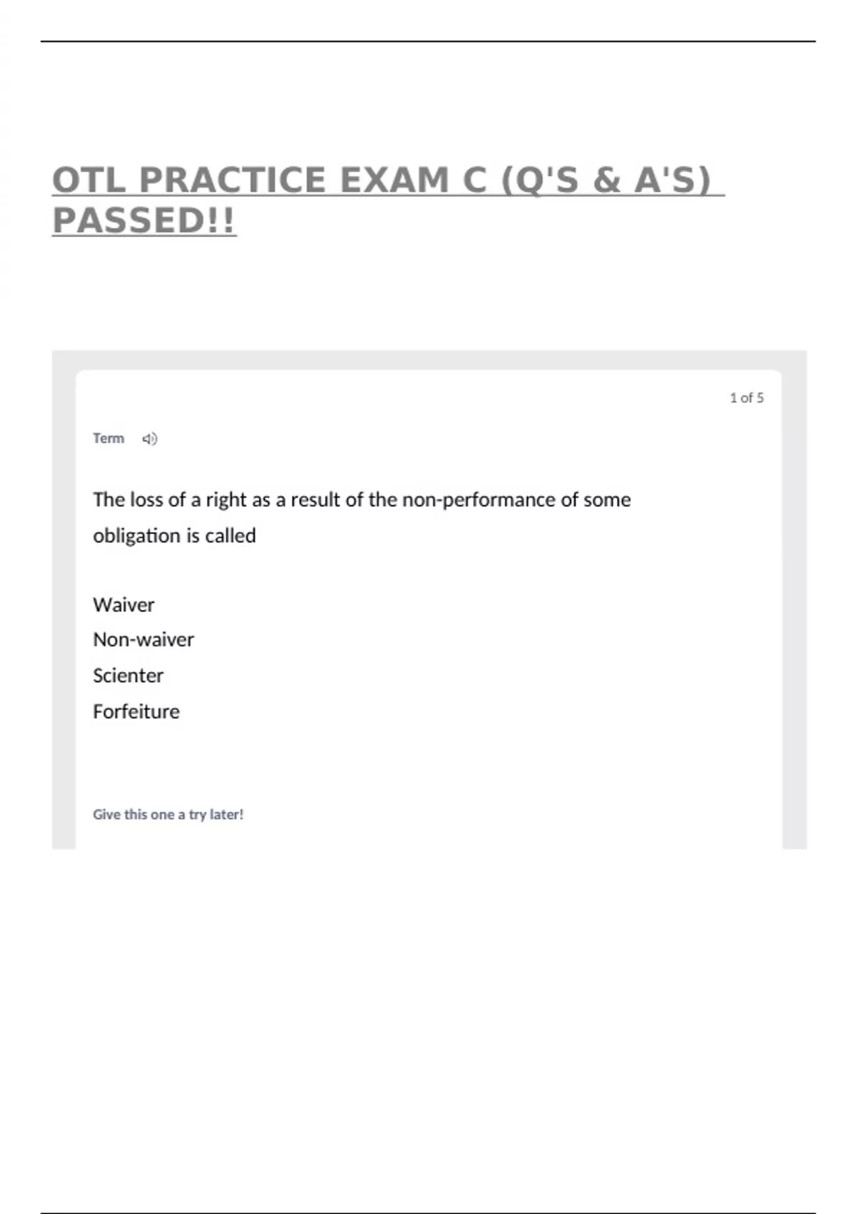 OTL PRACTICE EXAM C (Q'S & A'S) PASSED!! - OTL - Stuvia US