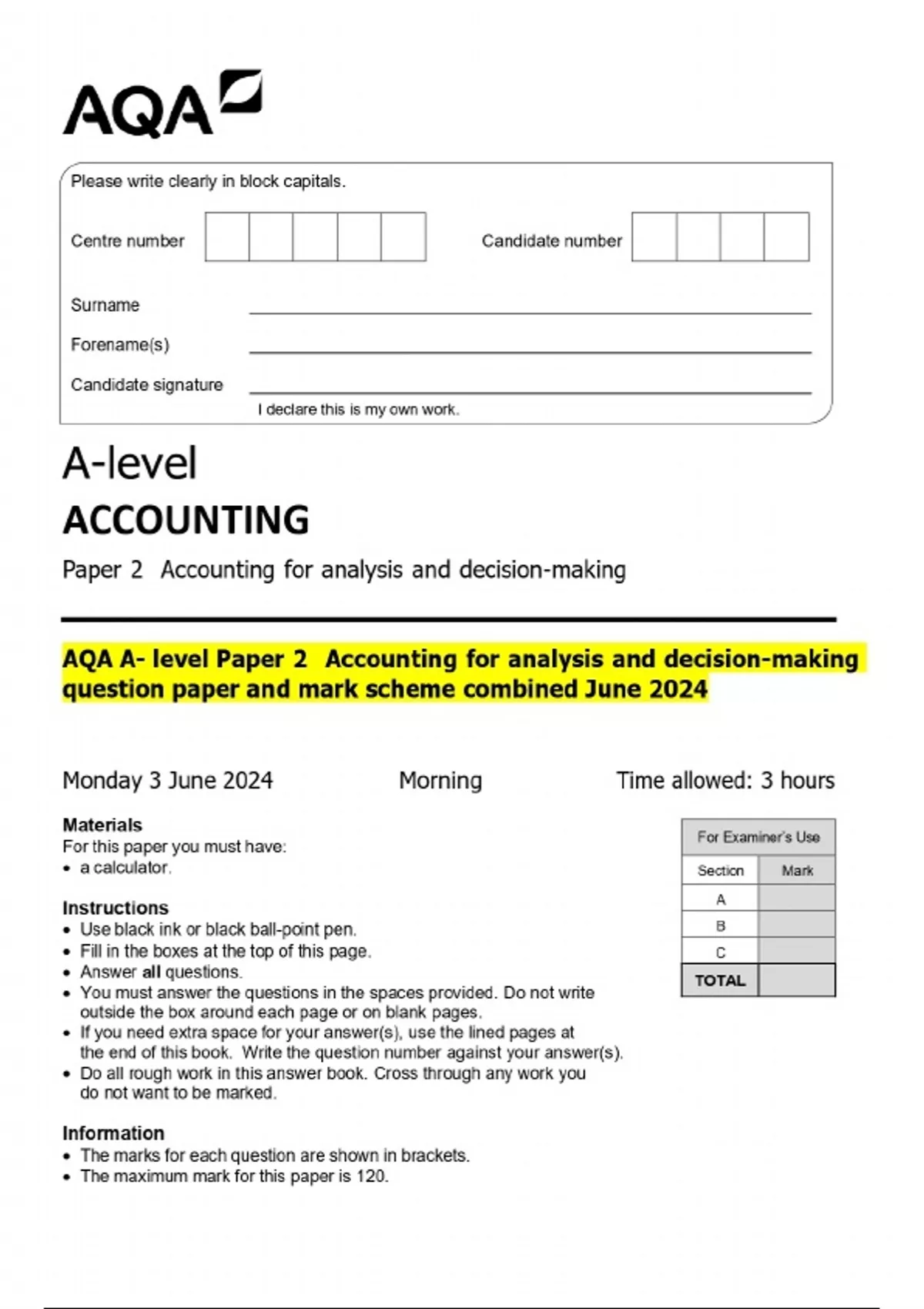 AQA A- level Paper 2 Accounting for analysis and decision-making ...
