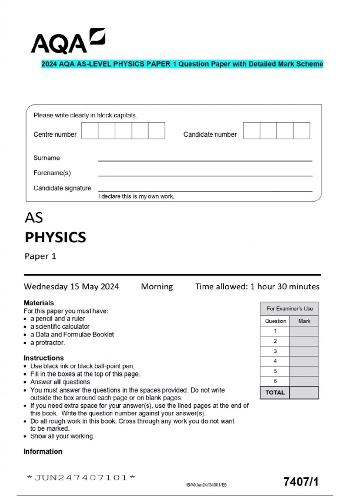 2024 AQA AS-LEVEL PHYSICS PAPER 1 Question Paper with Detailed Mark ...