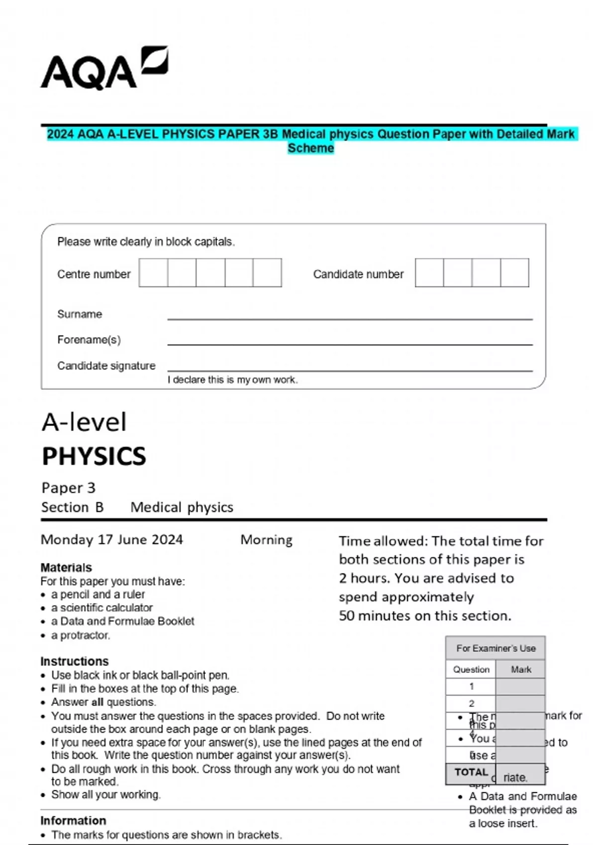 2024 AQA A-LEVEL PHYSICS PAPER 3B Medical physics Question Paper with ...