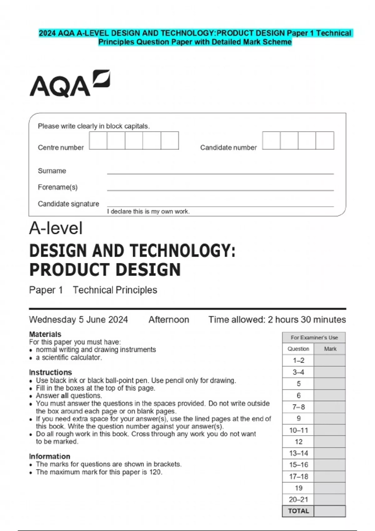 2024 AQA A-LEVEL DESIGN AND TECHNOLOGY:PRODUCT DESIGN Paper 1 Technical ...
