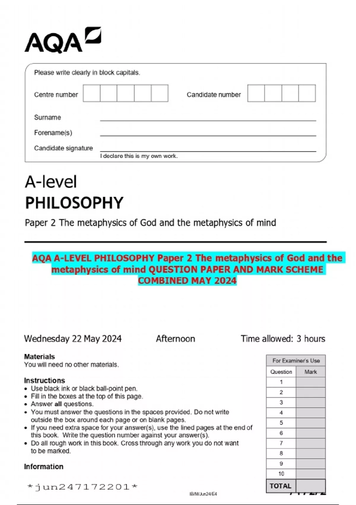 AQA A-LEVEL PHILOSOPHY Paper 2 The metaphysics of God and the ...