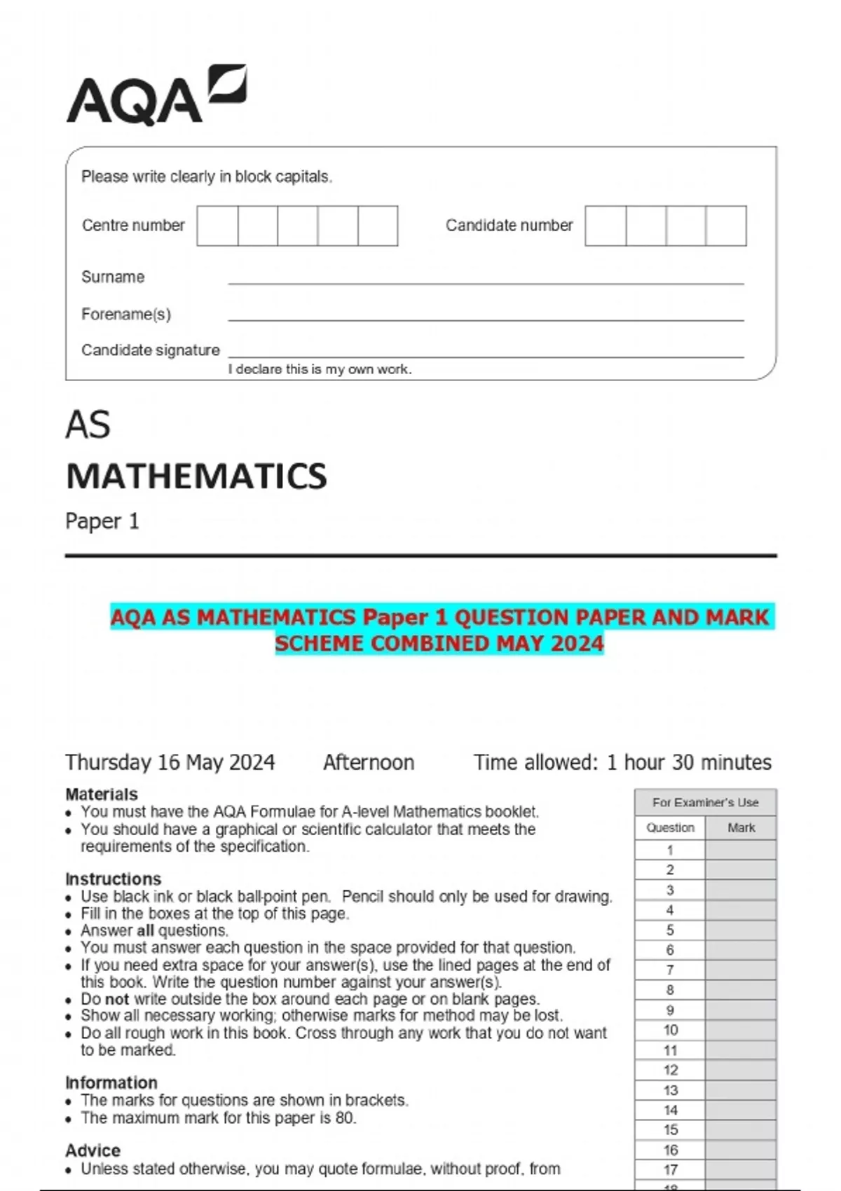 AQA AS MATHEMATICS Paper 1 QUESTION PAPER AND MARK SCHEME COMBINED MAY ...