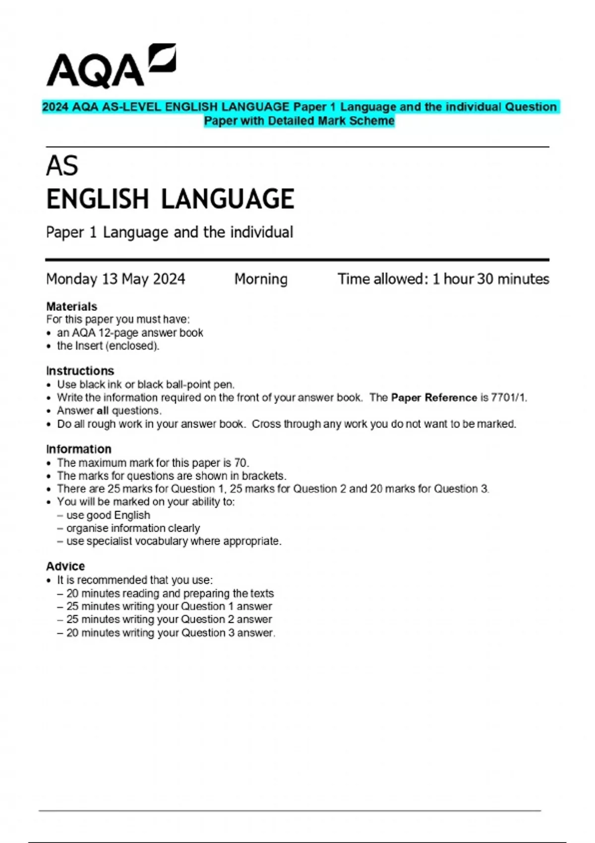 2024 AQA AS-LEVEL ENGLISH LANGUAGE Question Paper with Detailed Mark Scheme - Stuvia US