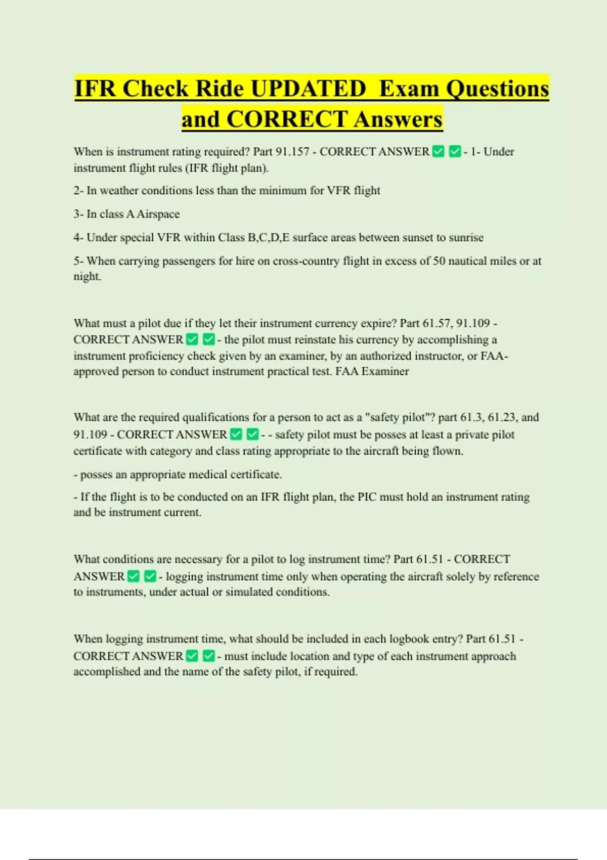 IFR Check Ride UPDATED Exam Questions and CORRECT Answers - Check Ride ...