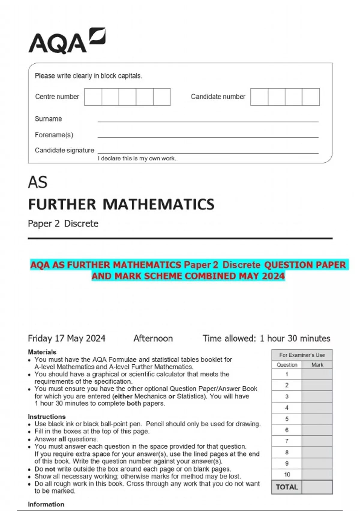 AQA AS FURTHER MATHEMATICS Paper 2 Discrete QUESTION PAPER AND MARK SCHEME COMBINED MAY 2024 ...