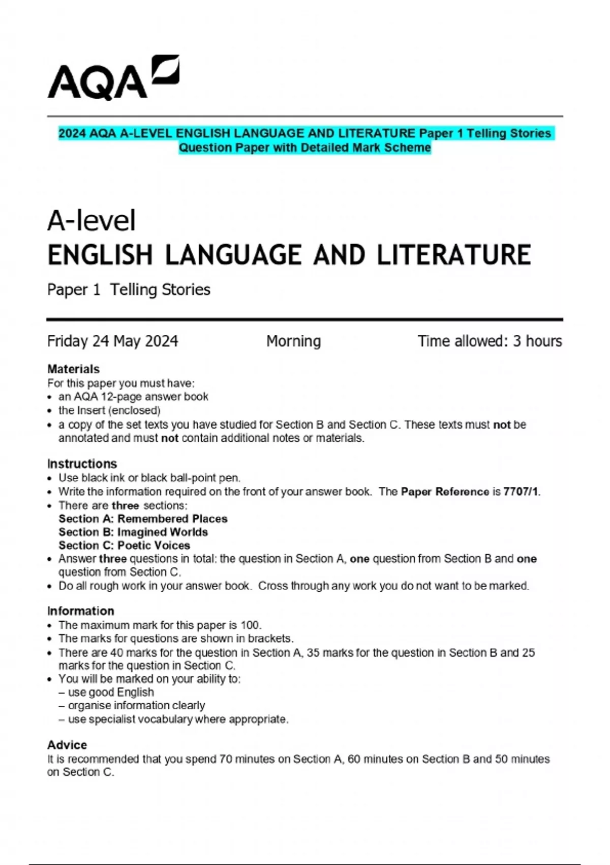 2024 AQA A-LEVEL ENGLISH LANGUAGE AND LITERATURE Paper 1 Telling ...