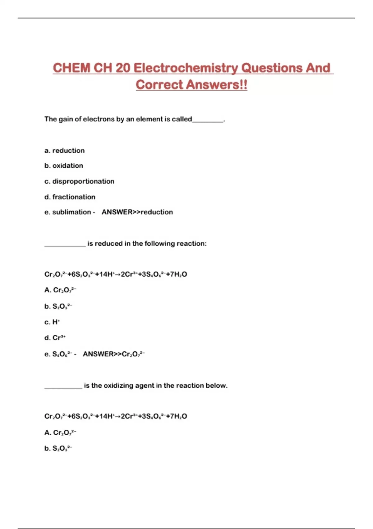 CHEM CH 20 Electrochemistry Questions And Correct Answers!! - CHEM CH ...