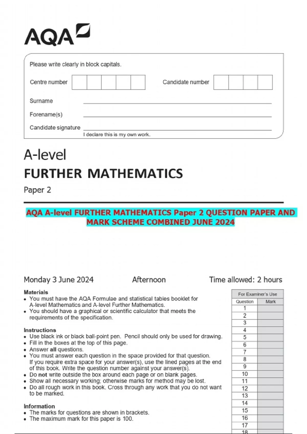 AQA A-level FURTHER MATHEMATICS Paper 2 QUESTION PAPER AND MARK SCHEME ...