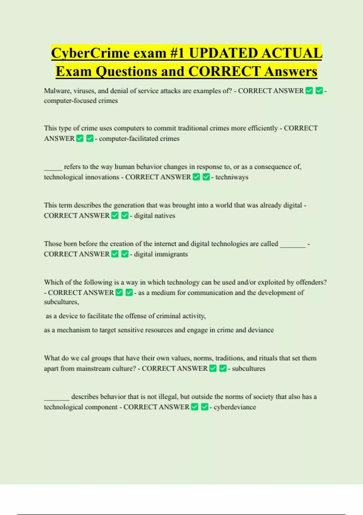 CyberCrime exam #1 UPDATED ACTUAL Exam Questions and CORRECT Answers ...