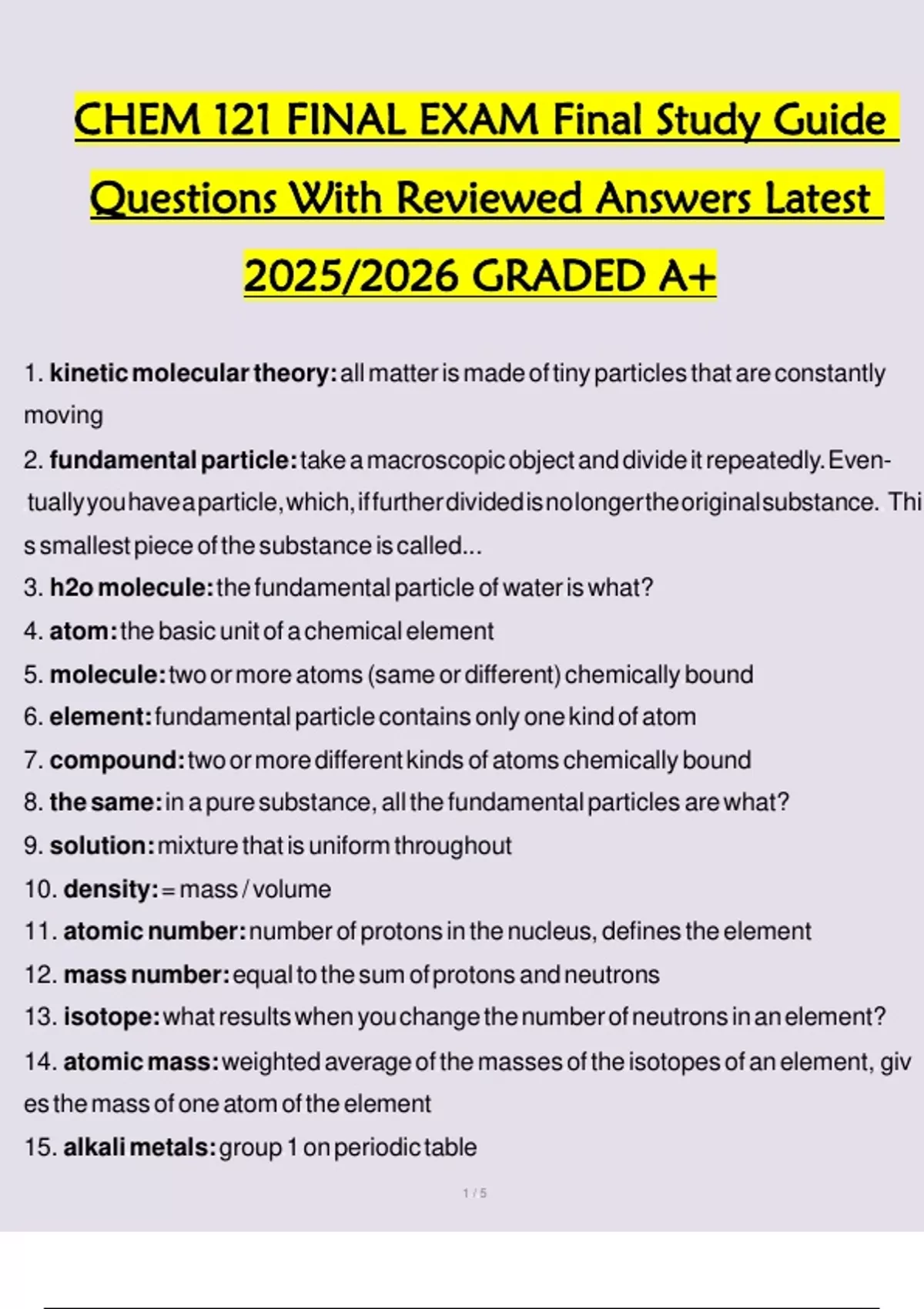 CHEM 121 FINAL EXAM Final Study Guide Questions With Reviewed Answers ...