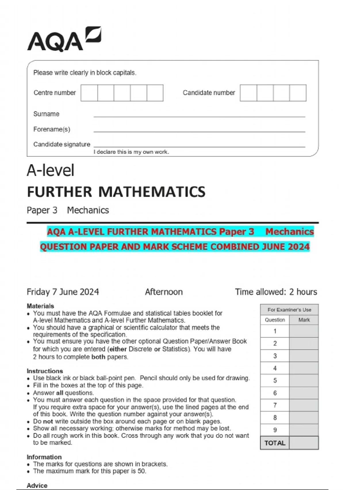 AQA A-LEVEL FURTHER MATHEMATICS Paper 3 Mechanics QUESTION PAPER AND MARK SCHEME COMBINED JUNE ...