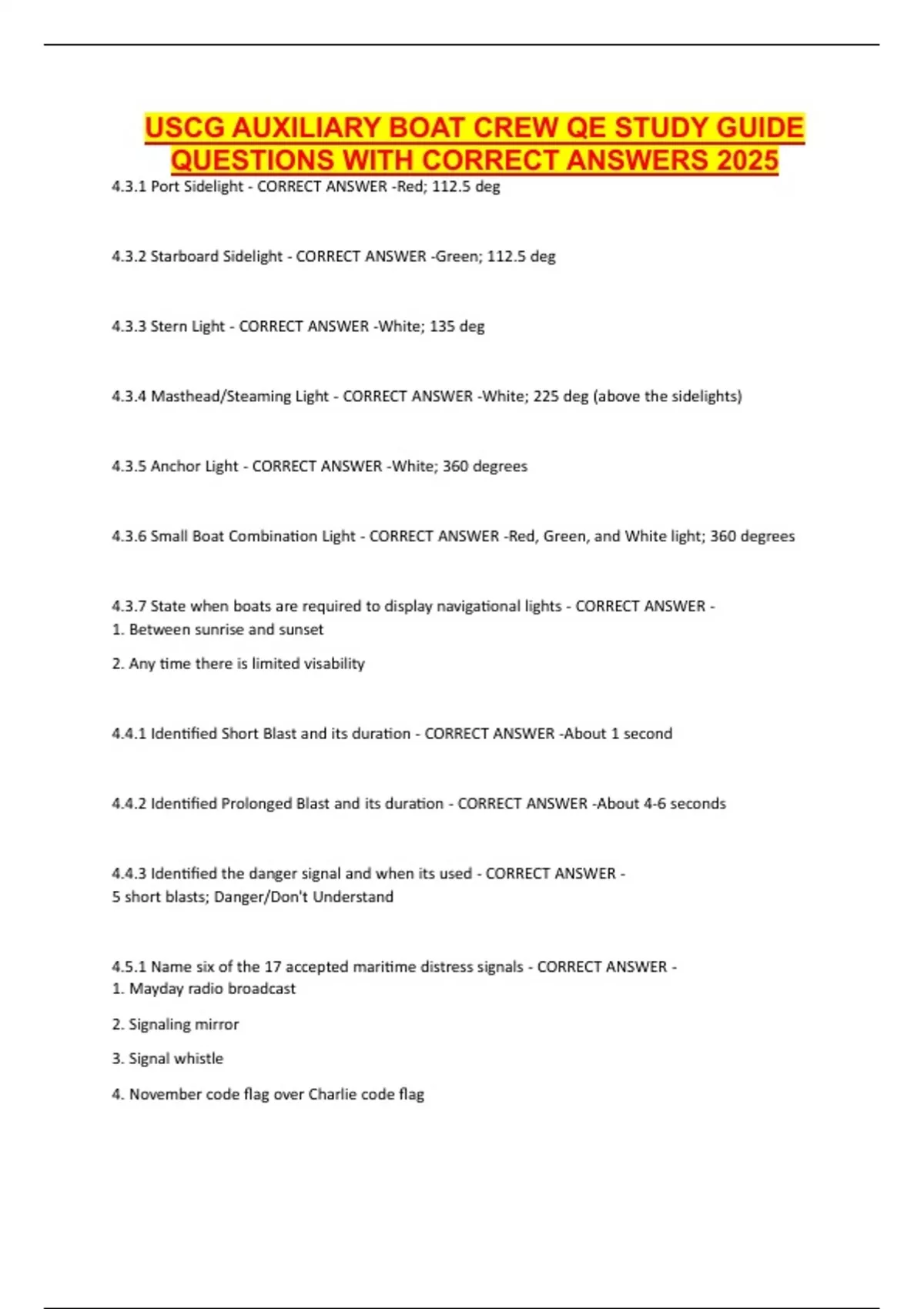 USCG AUXILIARY BOAT CREW QE STUDY GUIDE QUESTIONS WITH CORRECT ANSWERS ...