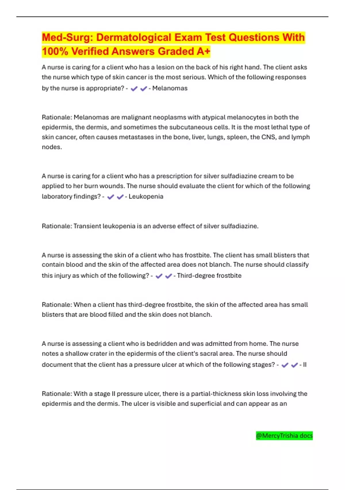 Med-Surg: Dermatological Exam Test Questions With 100% Verified Answers ...