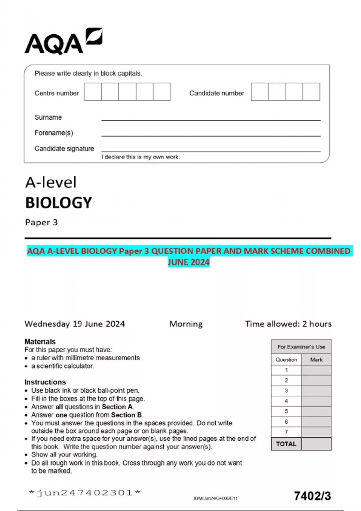 AQA A-LEVEL BIOLOGY Paper 3 QUESTION PAPER AND MARK SCHEME COMBINED ...