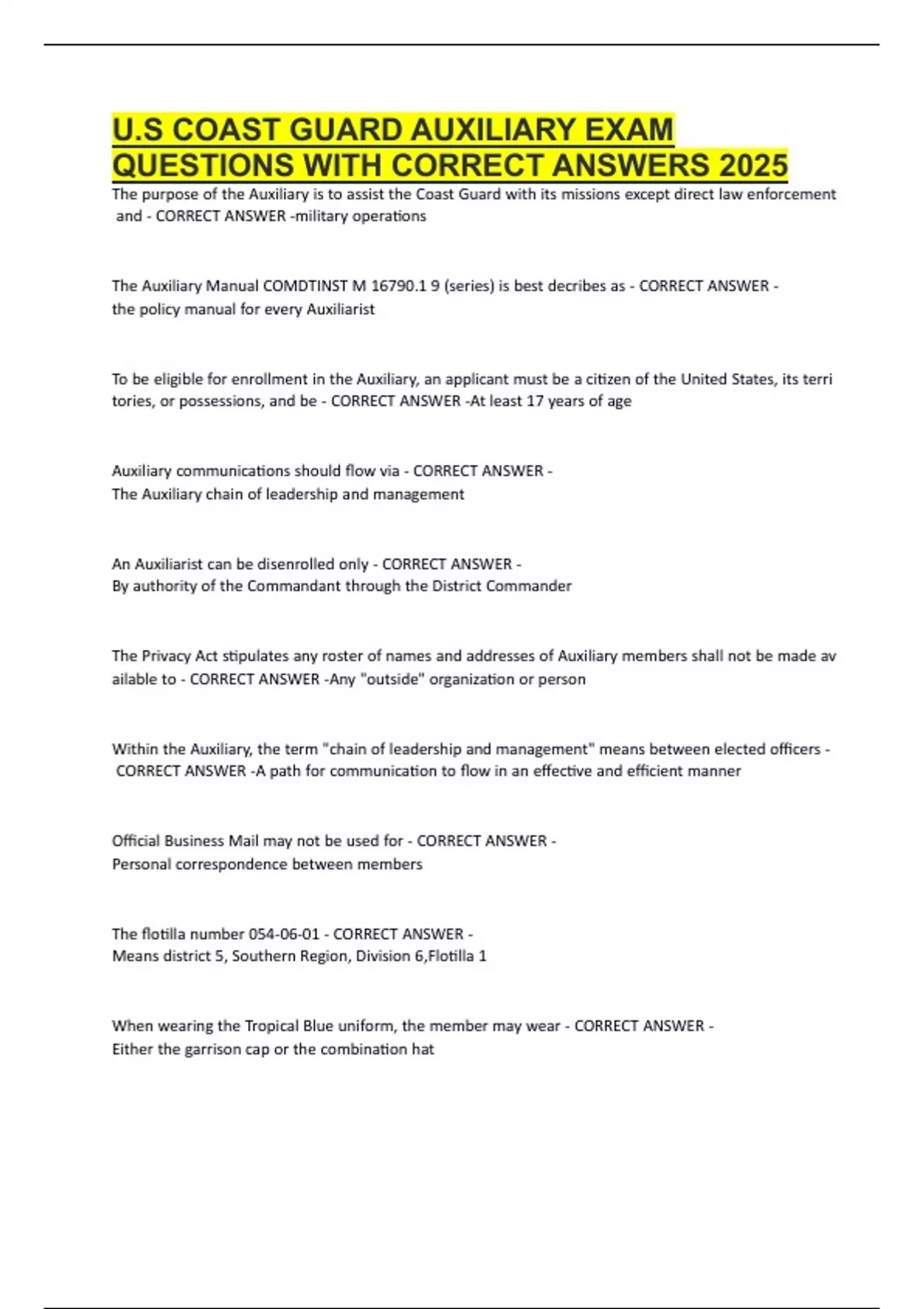 U.S COAST GUARD AUXILIARY EXAM QUESTIONS WITH CORRECT ANSWERS 2025 ...