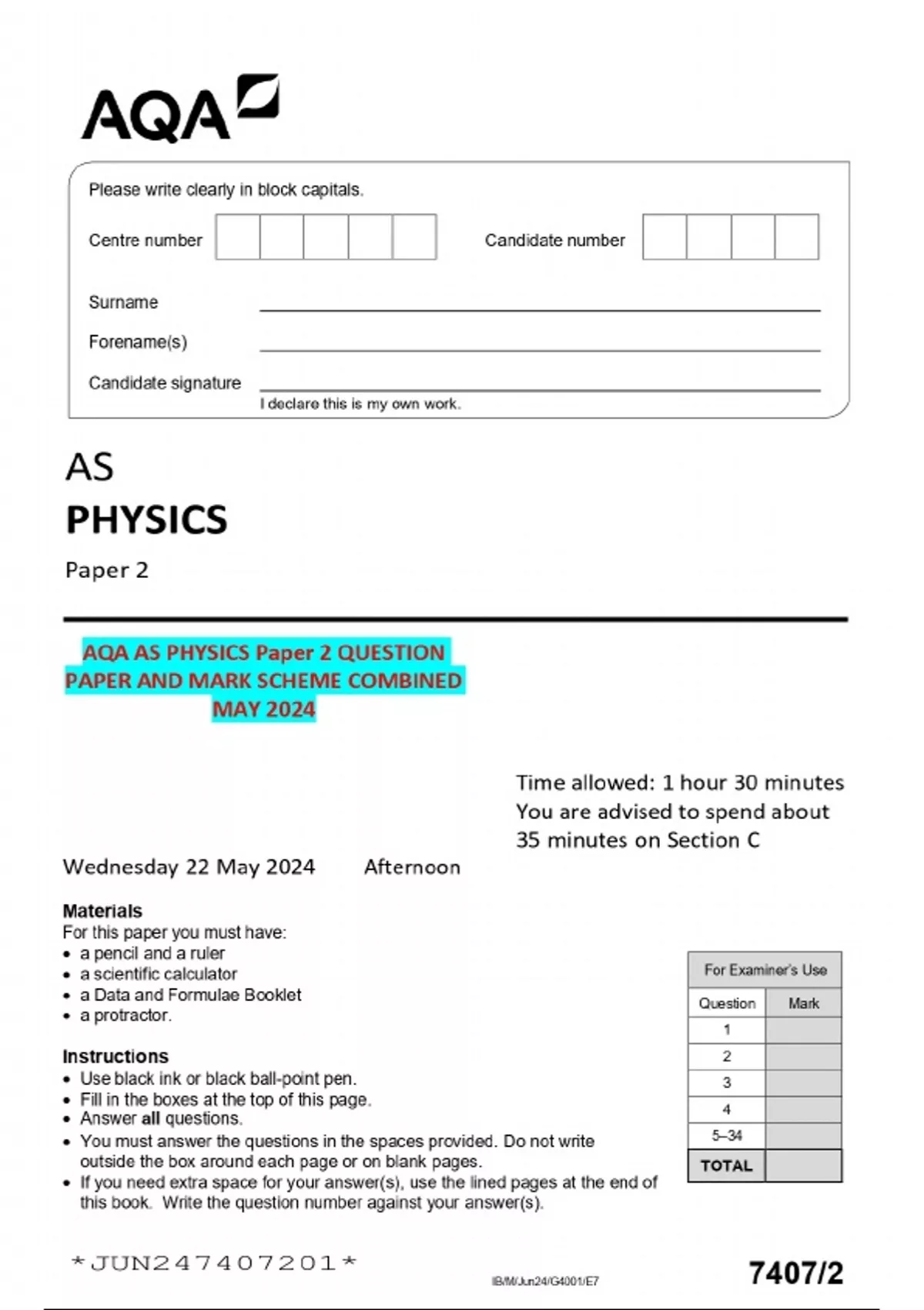 AQA AS PHYSICS Paper 2 QUESTION PAPER AND MARK SCHEME COMBINED MAY 2024 ...