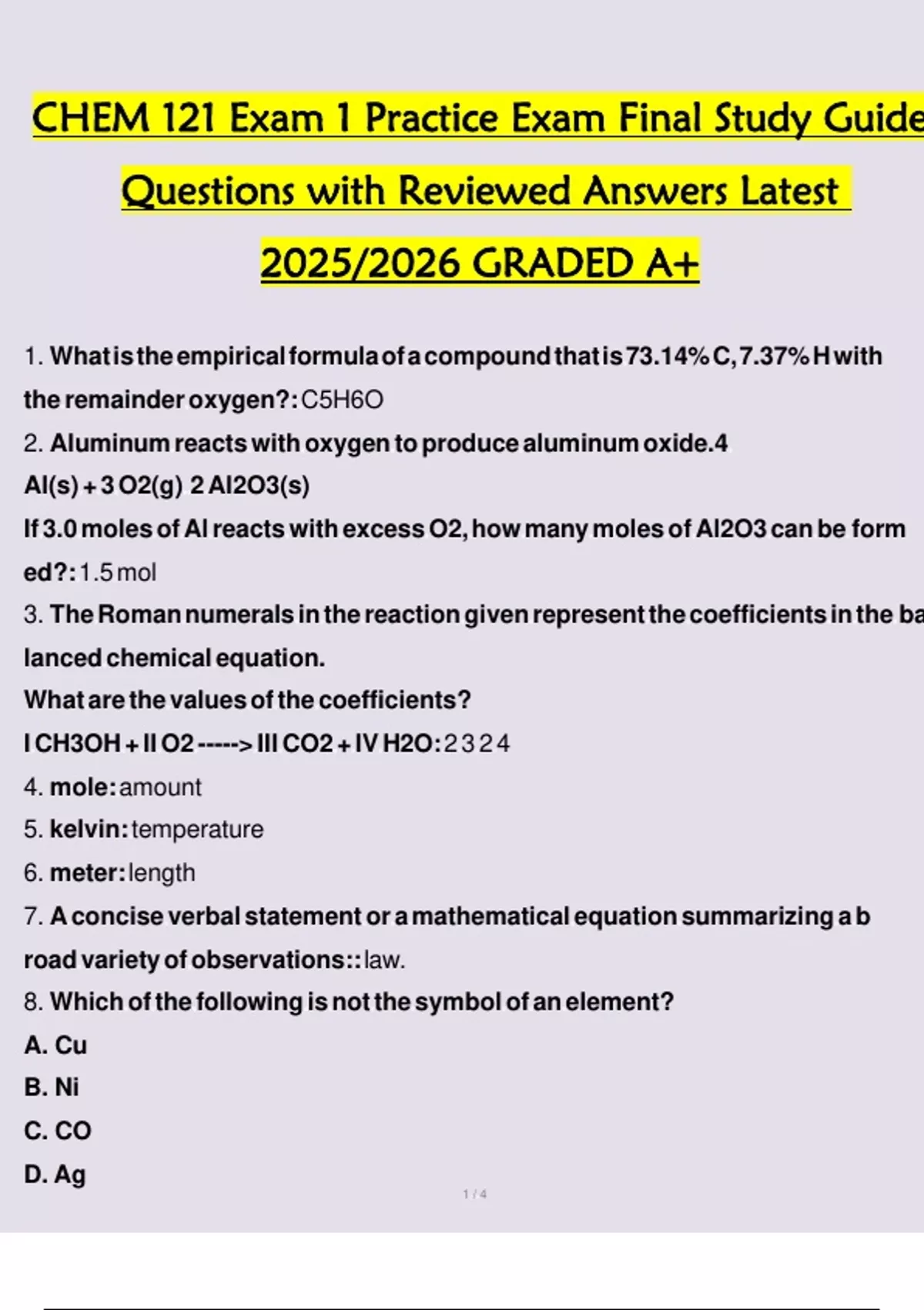 CHEM 121 Exam 1 Practice Exam Final Study Guide Questions with Reviewed ...