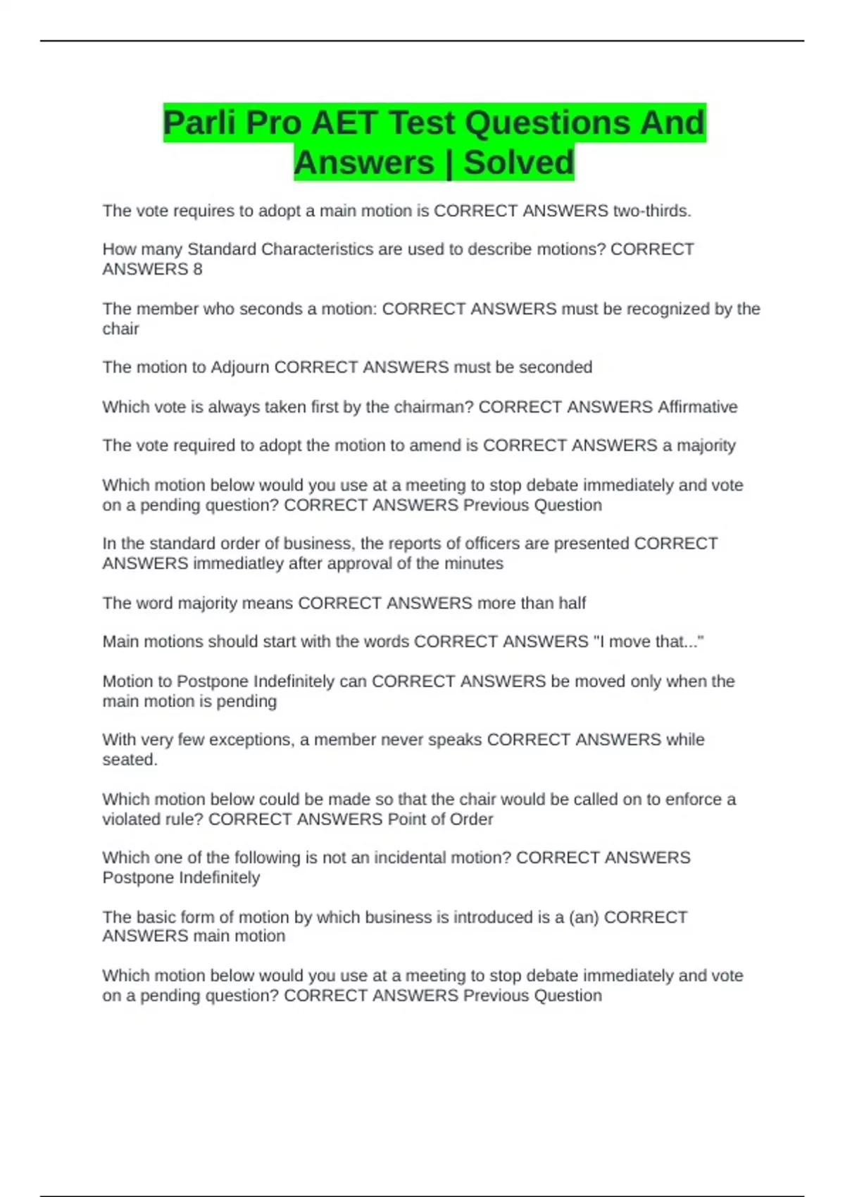 Parli Pro AET Test Questions And Answers | Solved - Parli Pro - Stuvia US