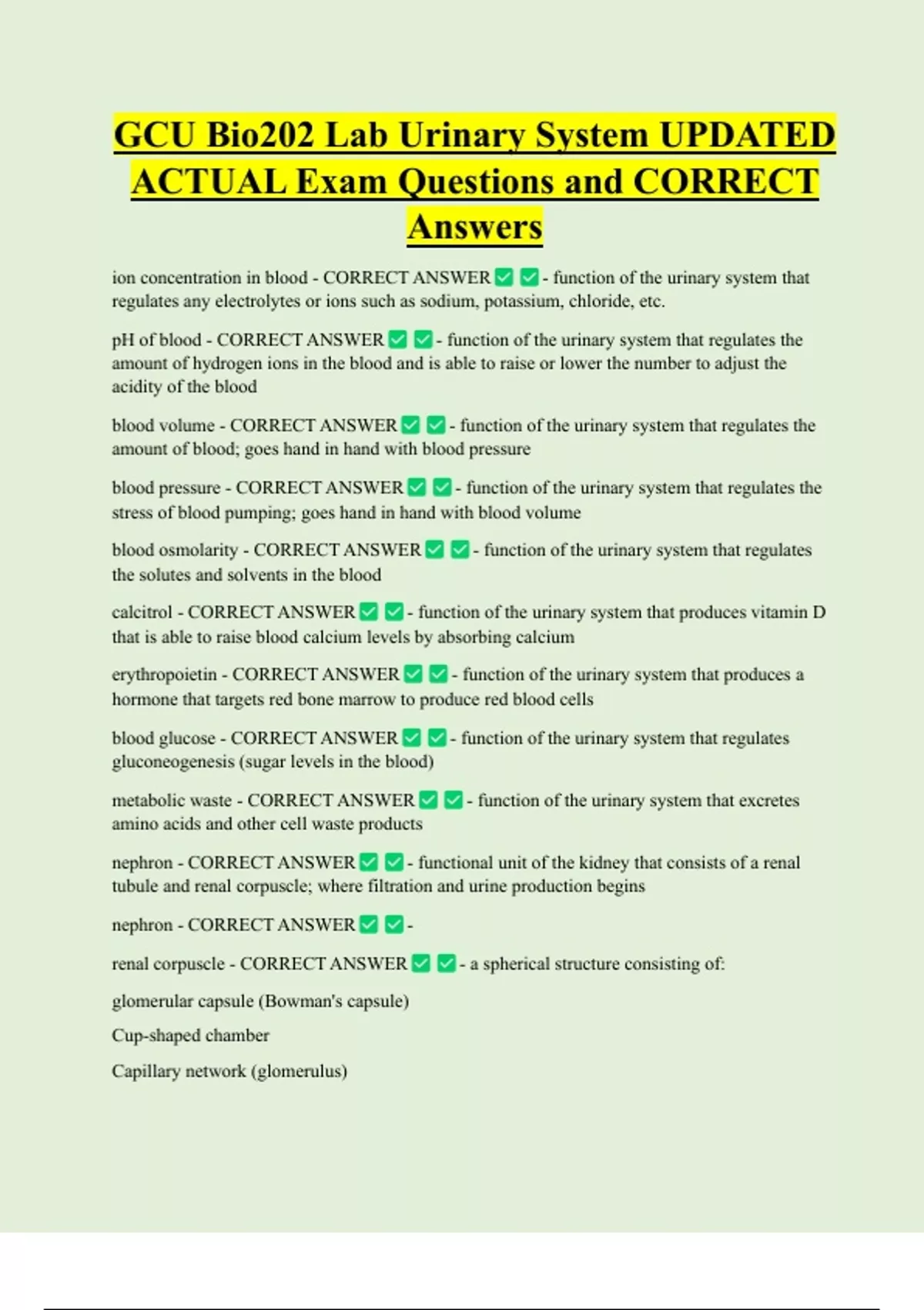 GCU Bio202 Lab Urinary System UPDATED ACTUAL Exam Questions and CORRECT ...