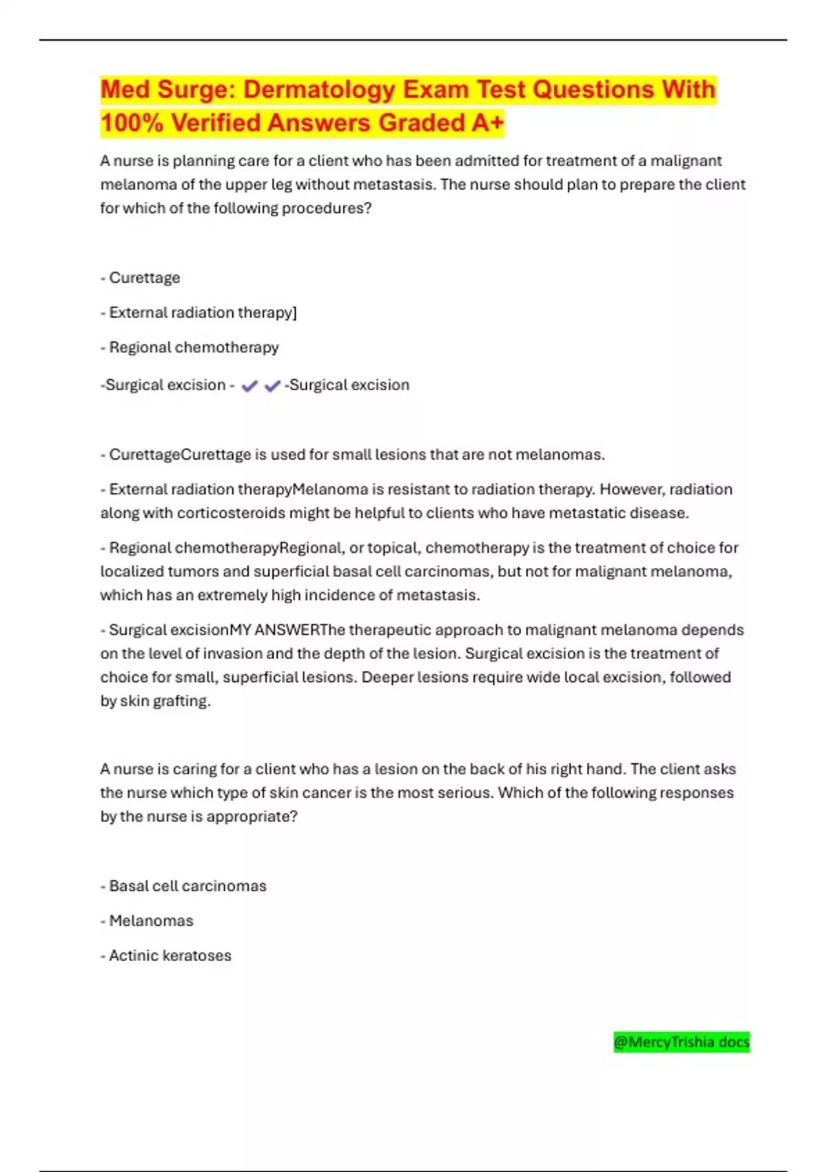 Med Surge: Dermatology Exam Test Questions With 100% Verified Answers ...