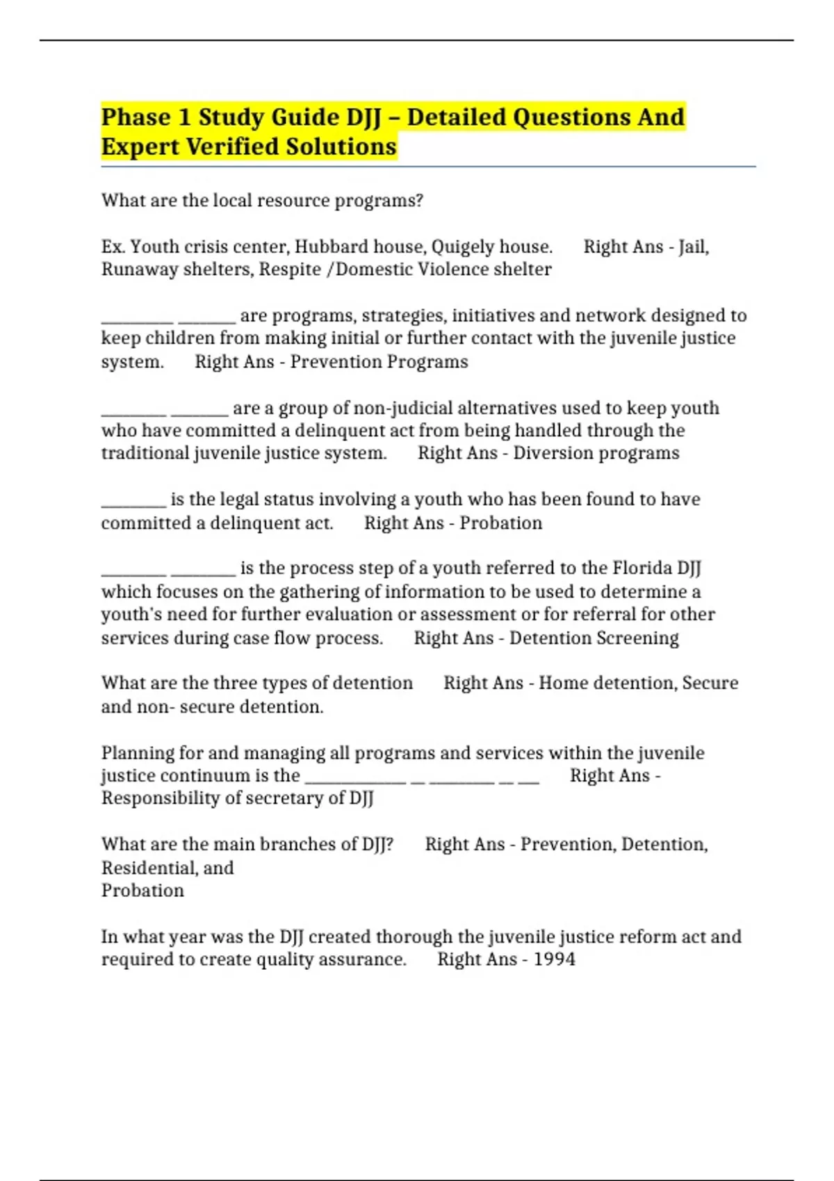 Phase 1 Study Guide DJJ – Detailed Questions And Expert Verified ...