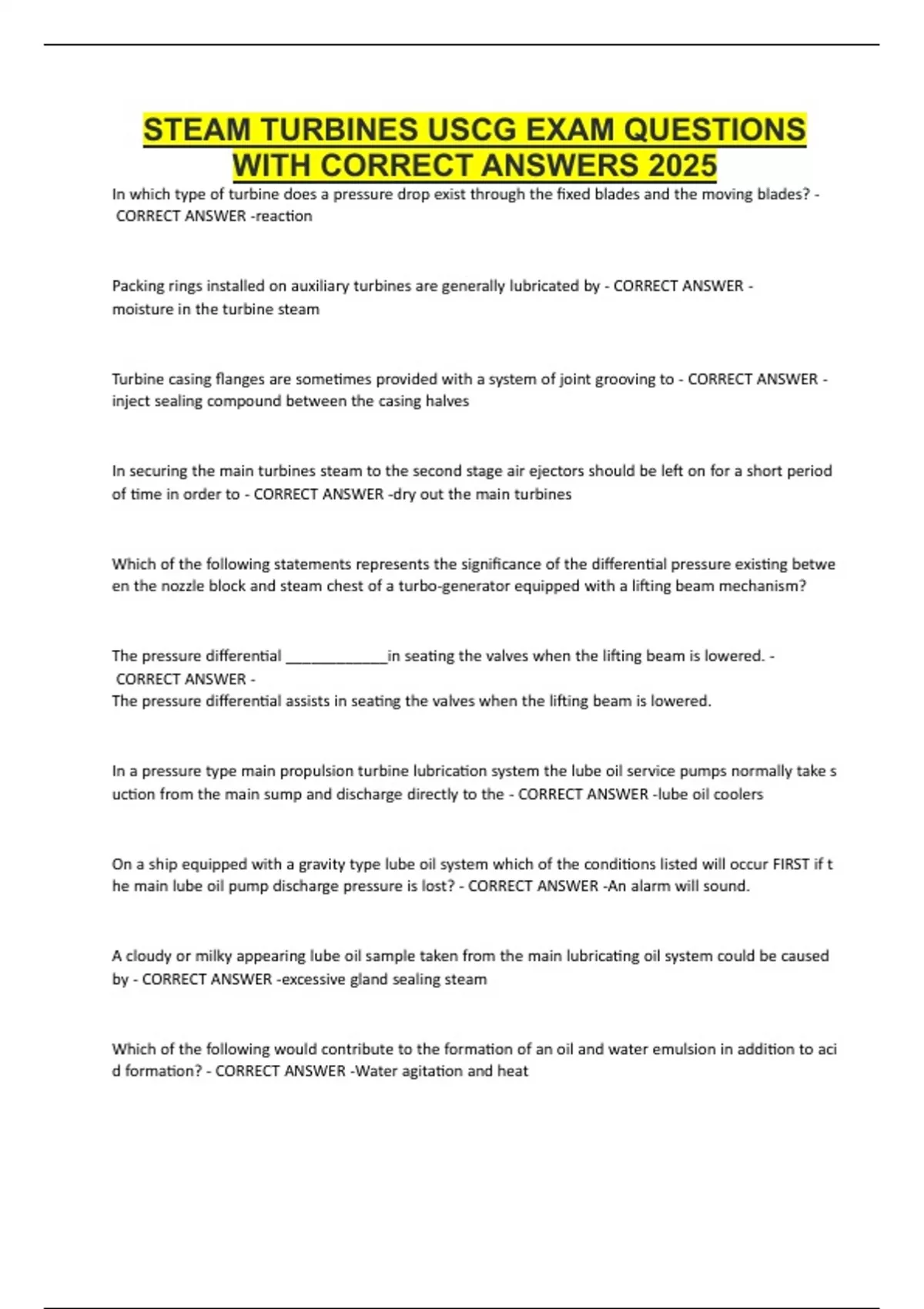 STEAM TURBINES USCG EXAM QUESTIONS WITH CORRECT ANSWERS 2025 ...
