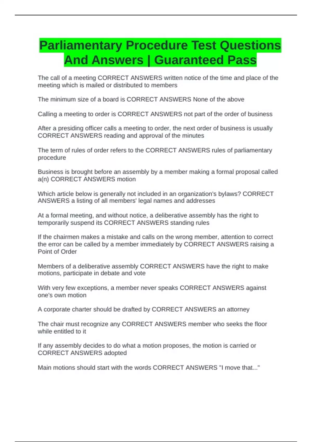 Parliamentary Procedure Test Questions And Answers | Guaranteed Pass ...